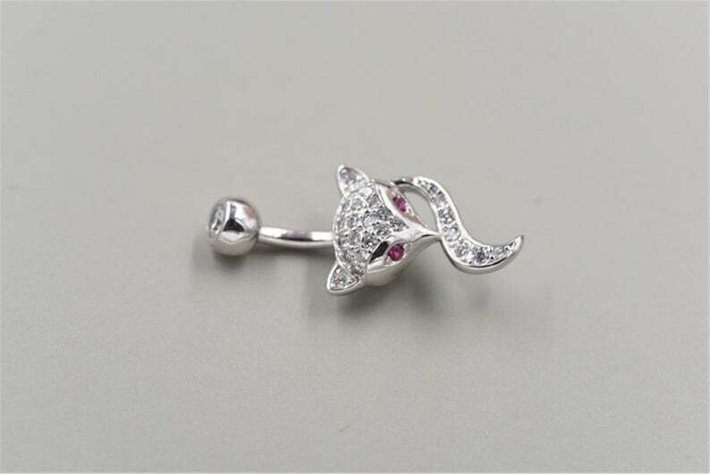 Cute Little Fox Belly Button Navel Barbell Ruby & Diamond 14K White ...