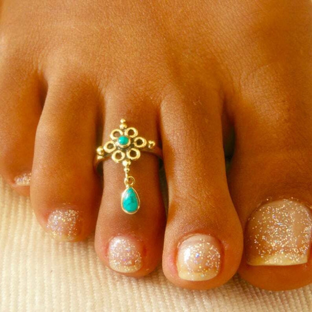 Turquoise 2.10 Ct Adjustable Drop Toe Ring Foot Jewelry 2 Pcs in 14K ...