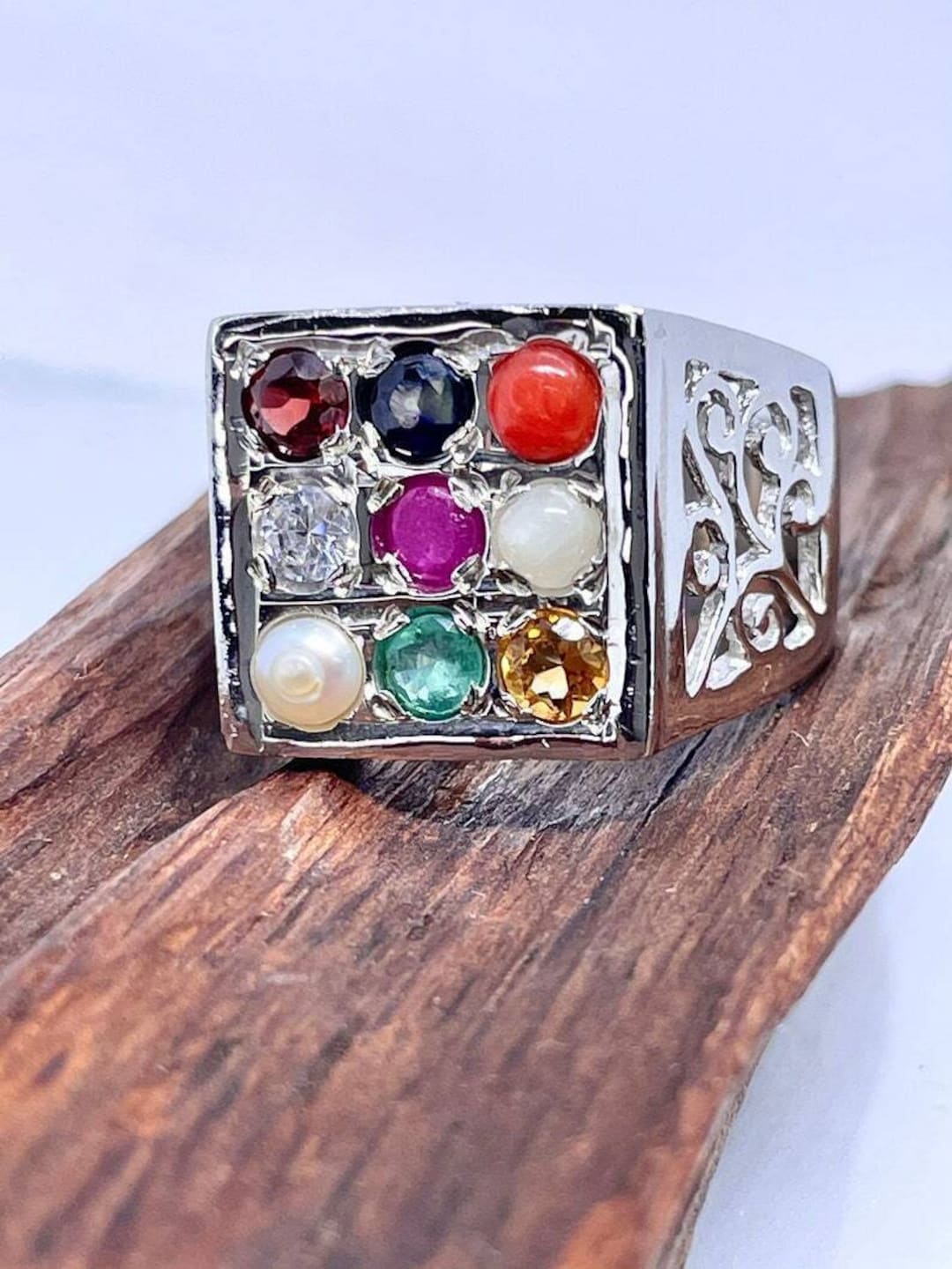 Navaratna (nine Gems& Ratnas) Traditional Men's Ring in 10K White Gold ...