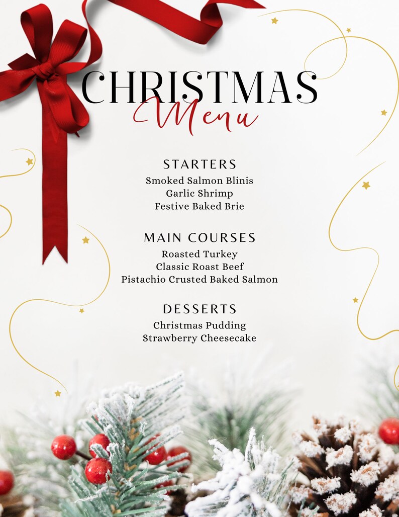 Christmas Menu Card, Holiday Menu Template, Instant Download, Printable ...