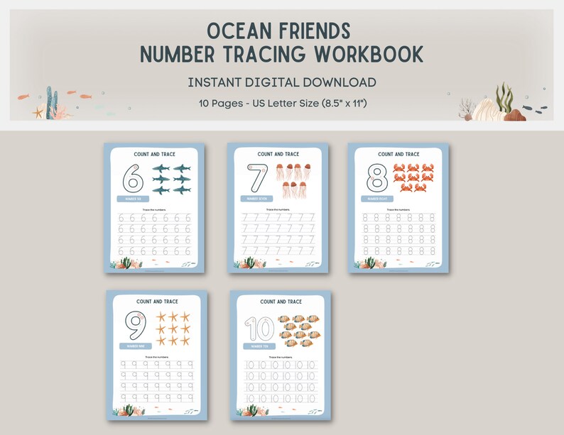 Sea Animals Number Tracing Worksheets, Digital Download, Neutral ...
