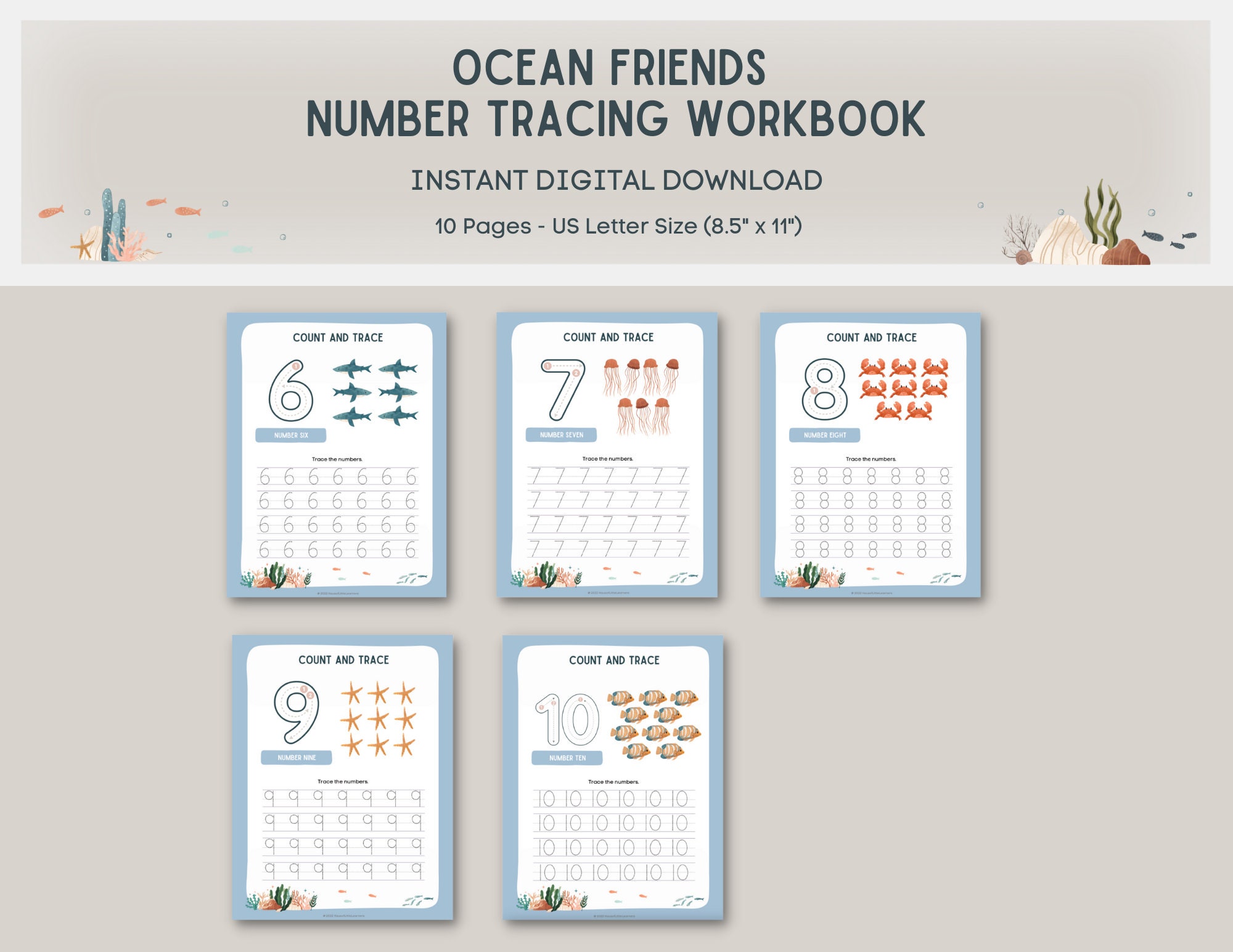 Sea Animals Number Tracing Worksheets, Digital Download, Neutral ...