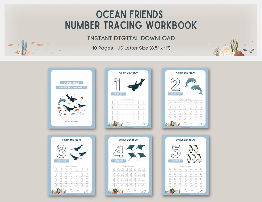 Sea Animals Number Tracing Worksheets, Digital Download, Neutral ...