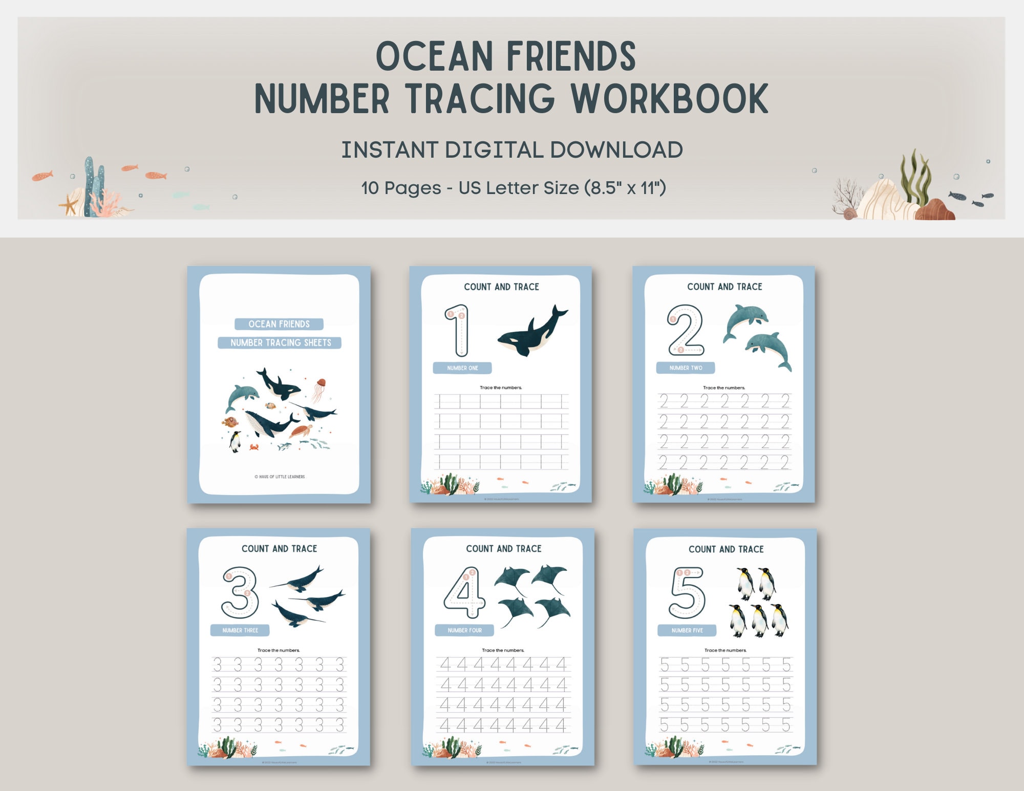 Sea Animals Number Tracing Worksheets Digital Download - Etsy
