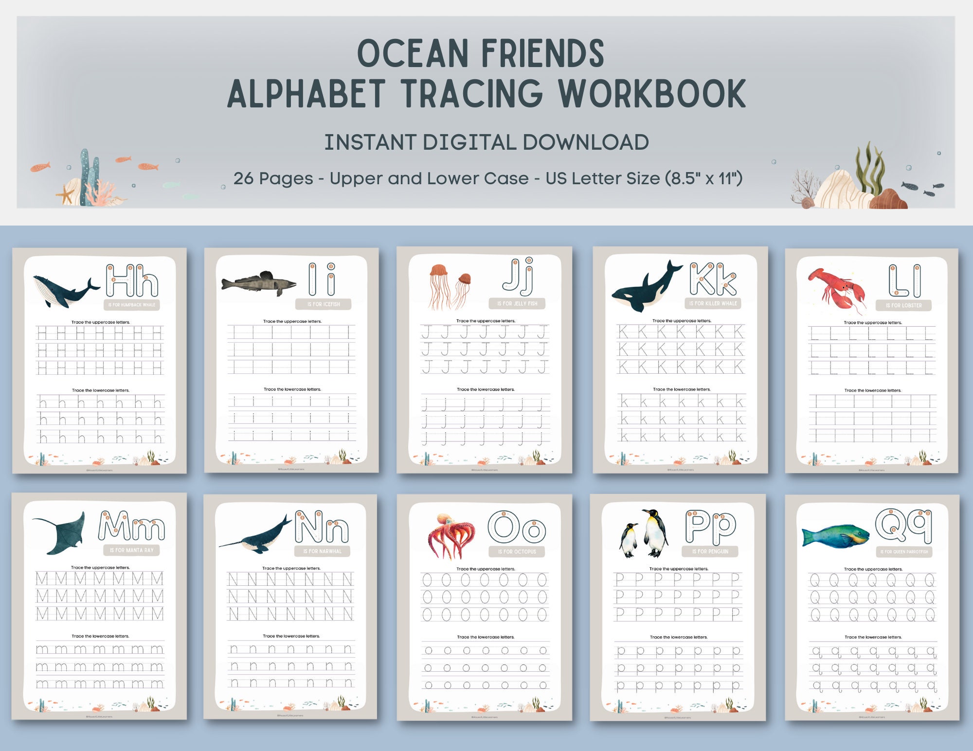 Ocean Friends Alphabet Tracing Sheets, Digital Download, Neutral ...