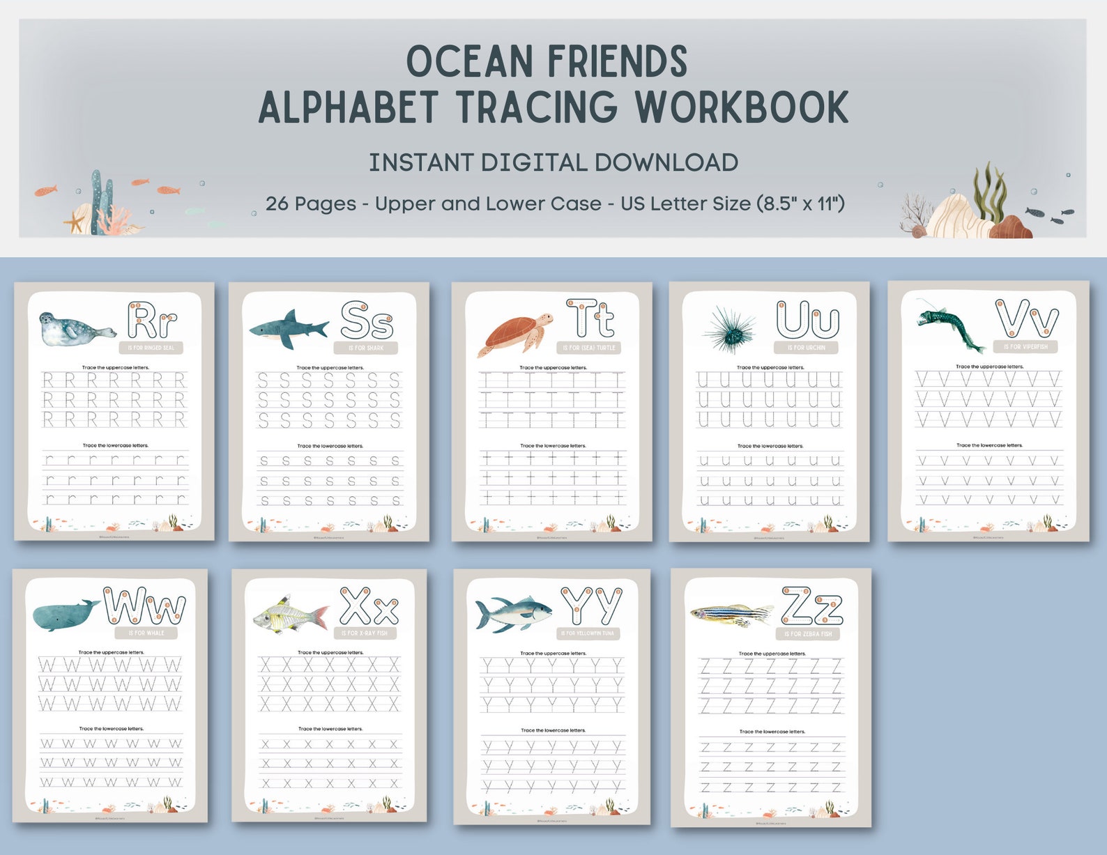 Ocean Friends Alphabet Tracing Sheets, Digital Download, Neutral ...