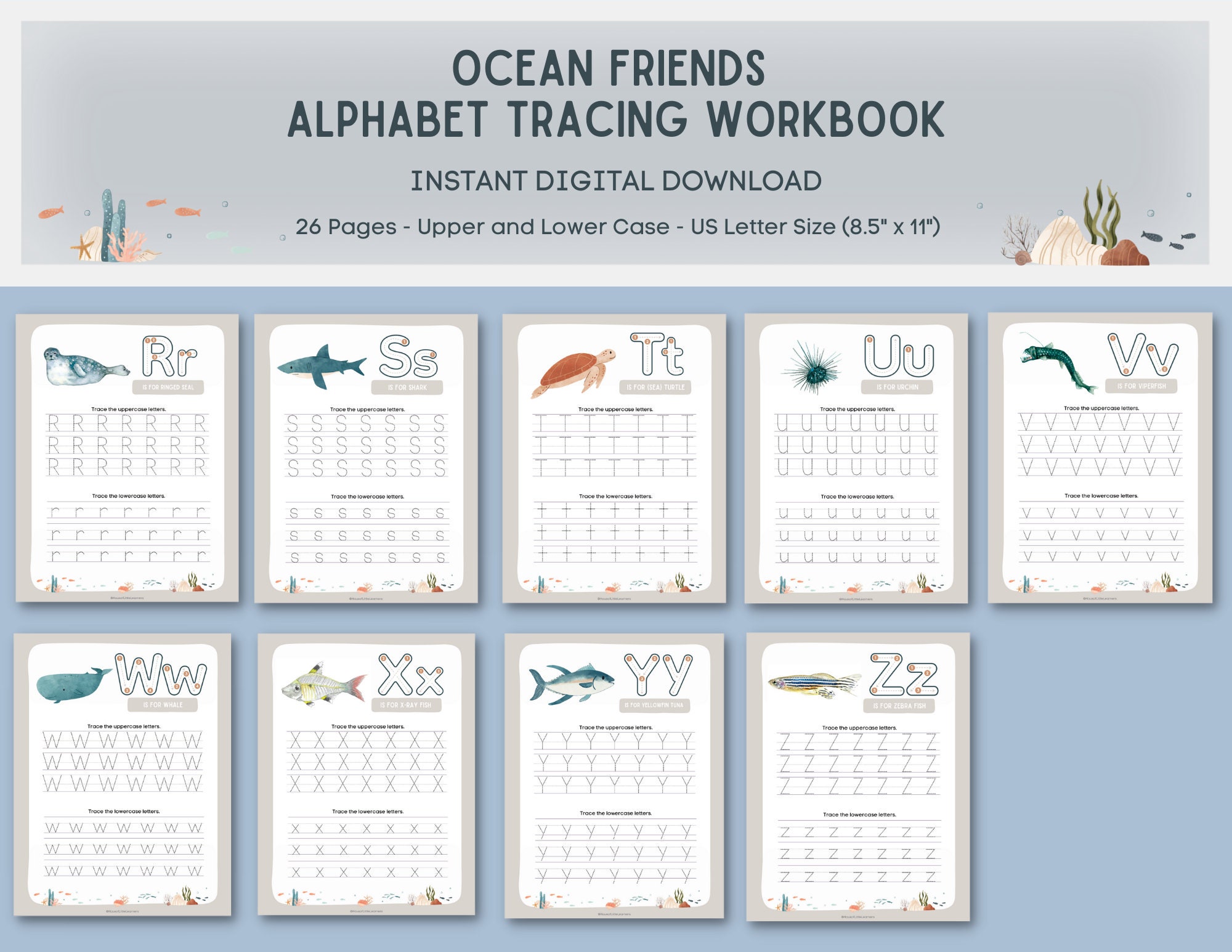 Ocean Friends Alphabet Tracing Sheets, Digital Download, Neutral ...
