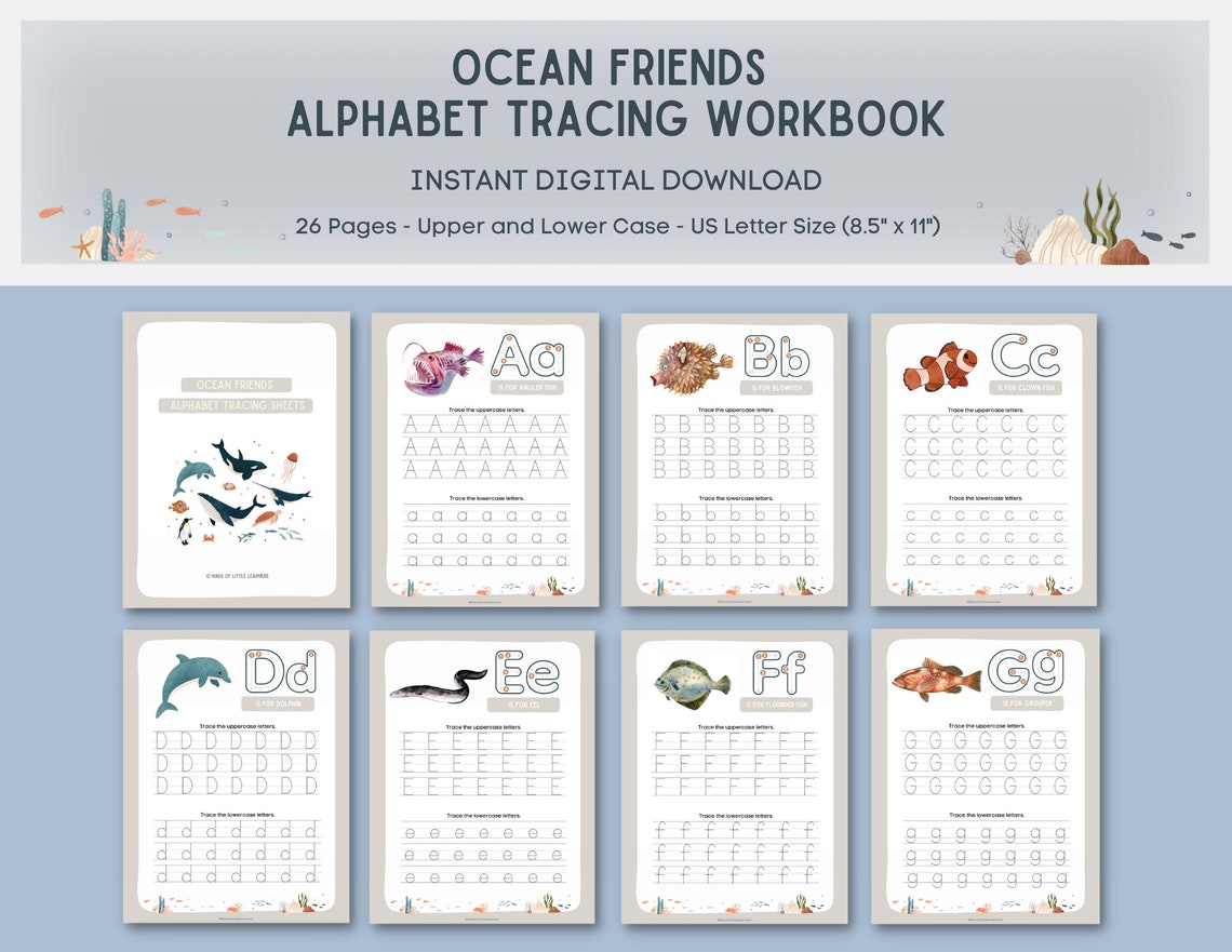 Ocean Friends Alphabet Tracing Sheets, Digital Download, Neutral ...