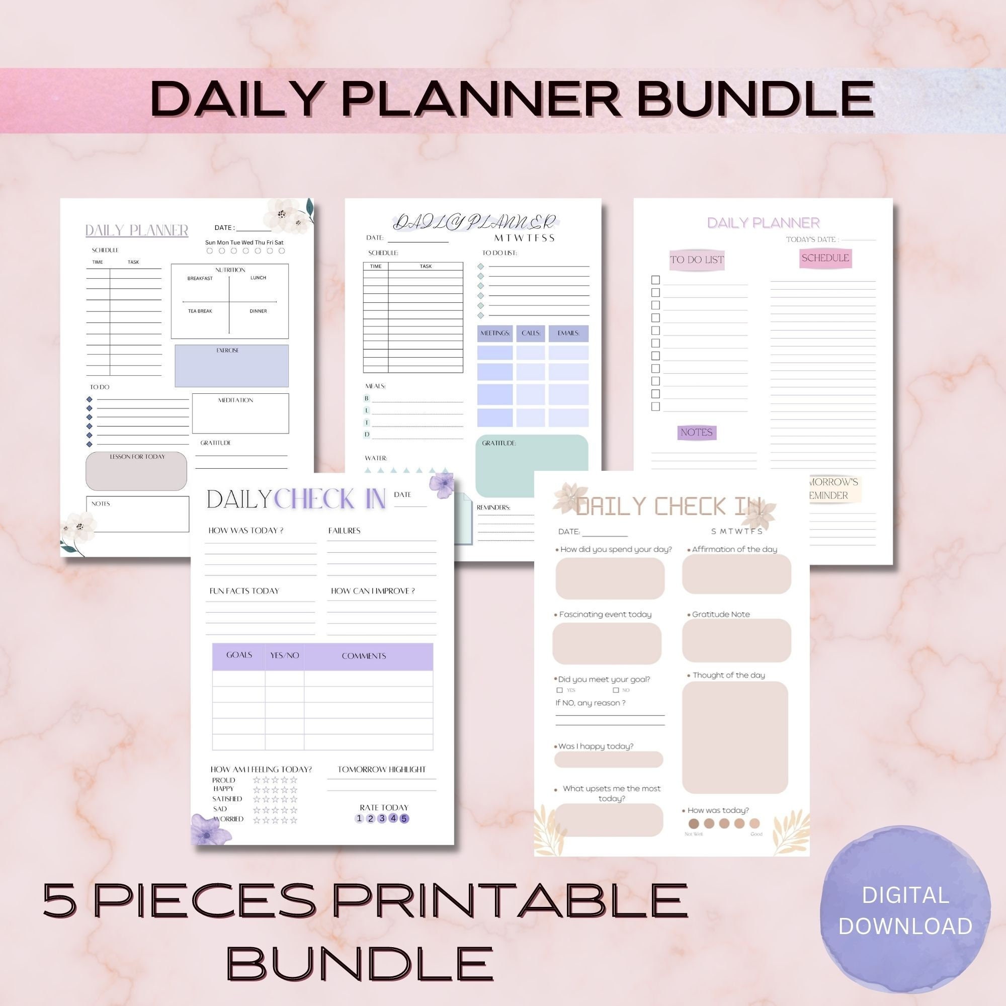 Pink Digital Daily Planner, Colorful Printable Daily Planner Bundle ...