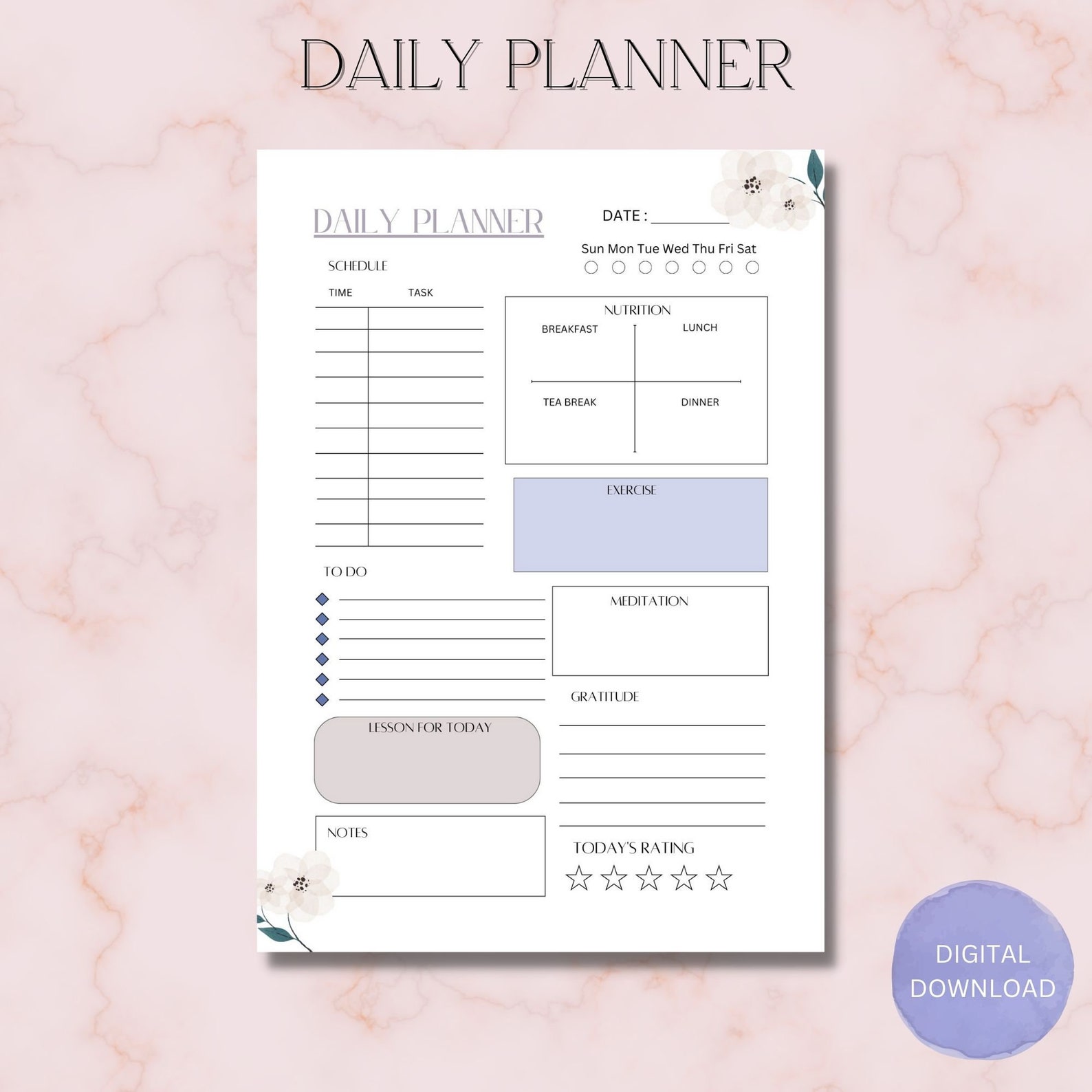 Pink Digital Daily Planner, Colorful Printable Daily Planner Bundle ...