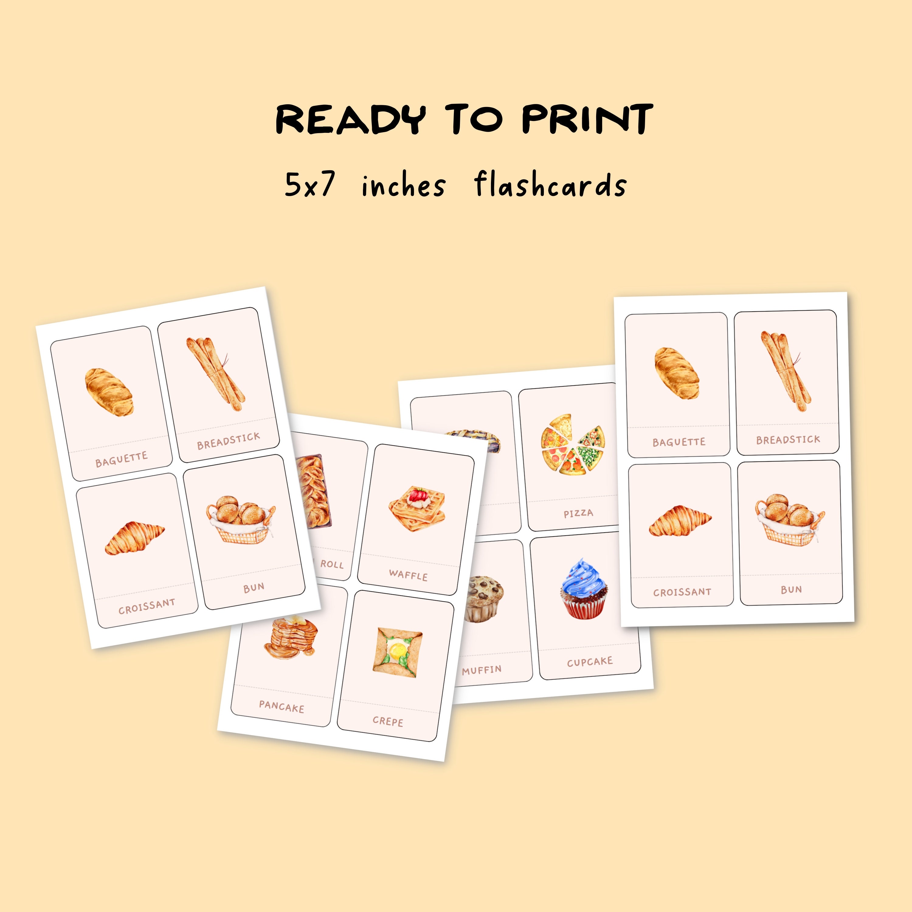 24 Breads Bakery Pastry Flashcards Watercolor Montessori Educational ...