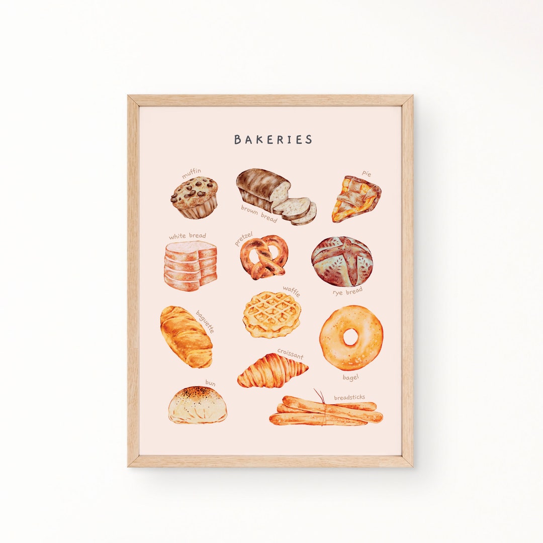 Bakeries Breads Montessori Educational Poster Watercolor Pastry ...