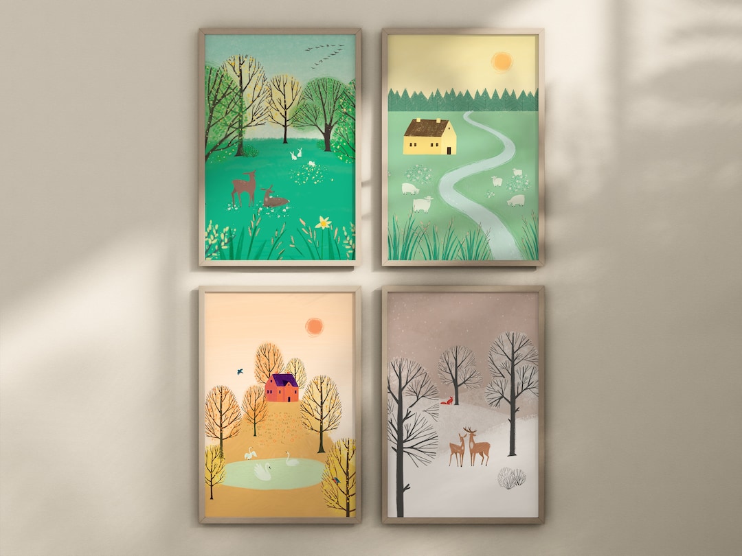 Four Seasons Wall Art Set | Watercolor Nature Scenery Paintings ...