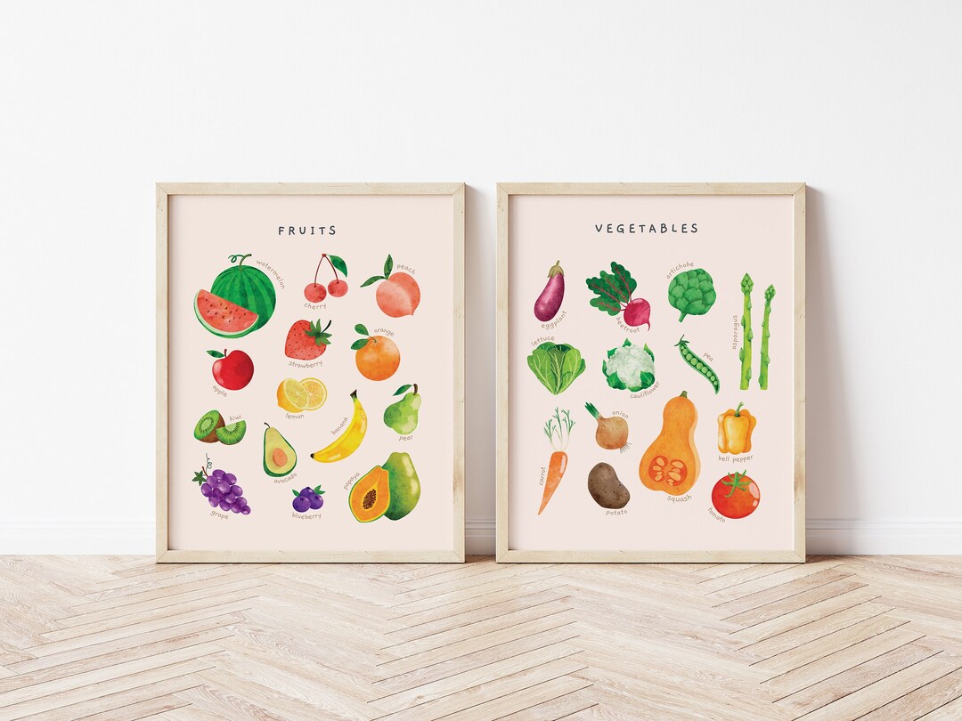 Fruits Vegetables Educational Posters Set of 2 Watercolor Montessori ...