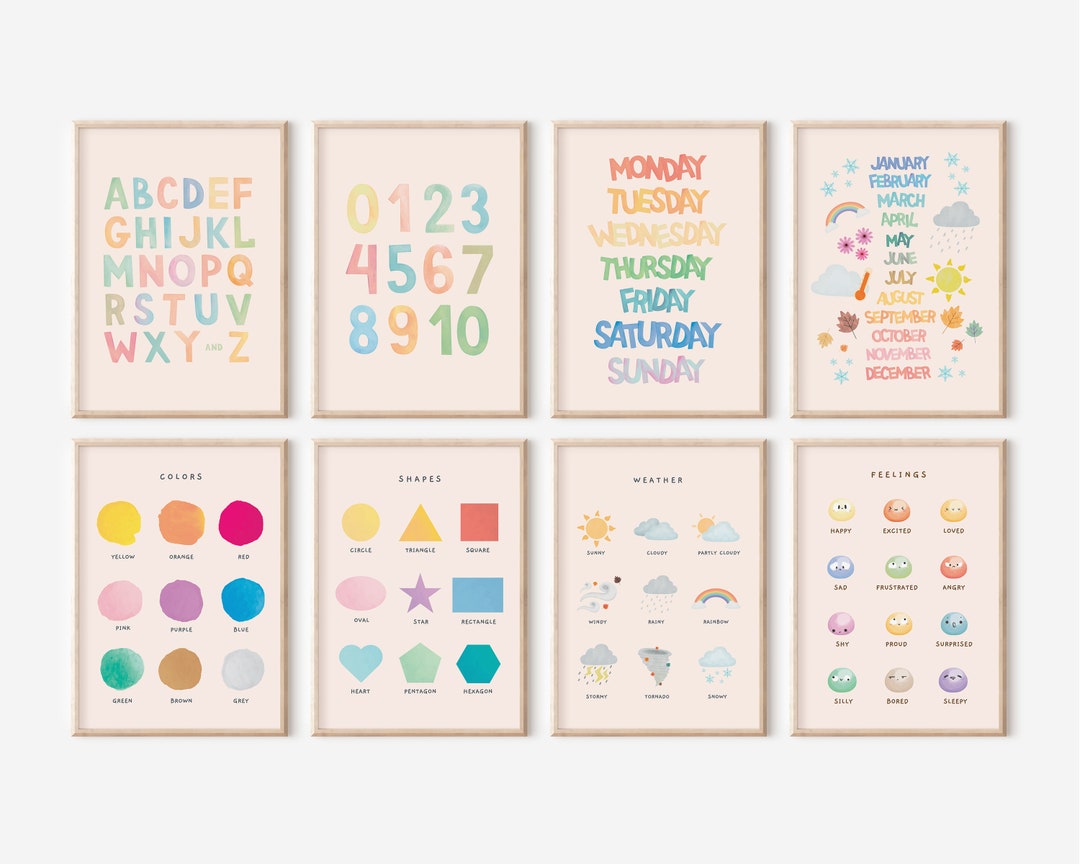 Pastel Educational Posters Set of 8 Montessori Prints Watercolor Kid ...