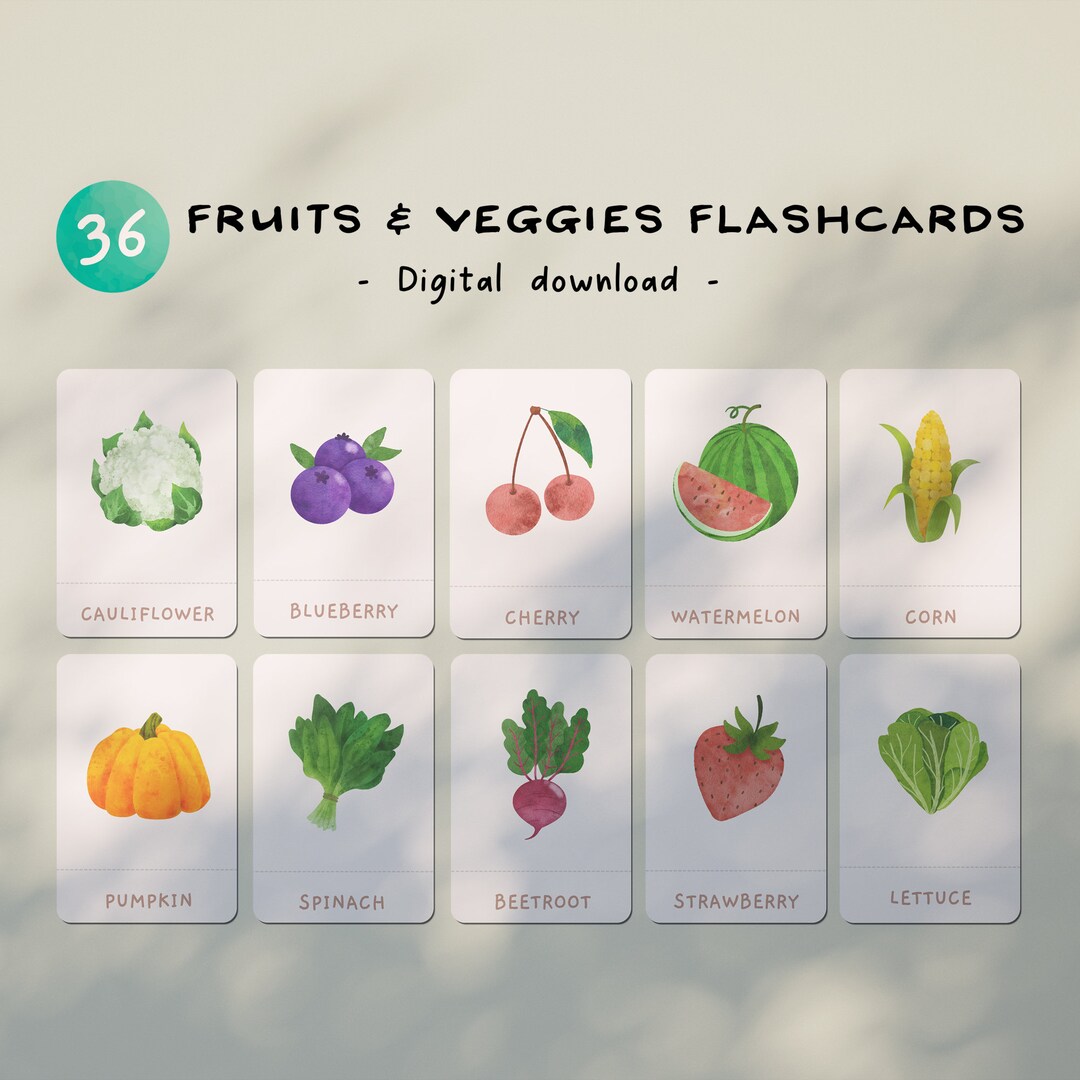 36 Fruits & Vegetables Flashcards | Watercolor Montessori Educational ...