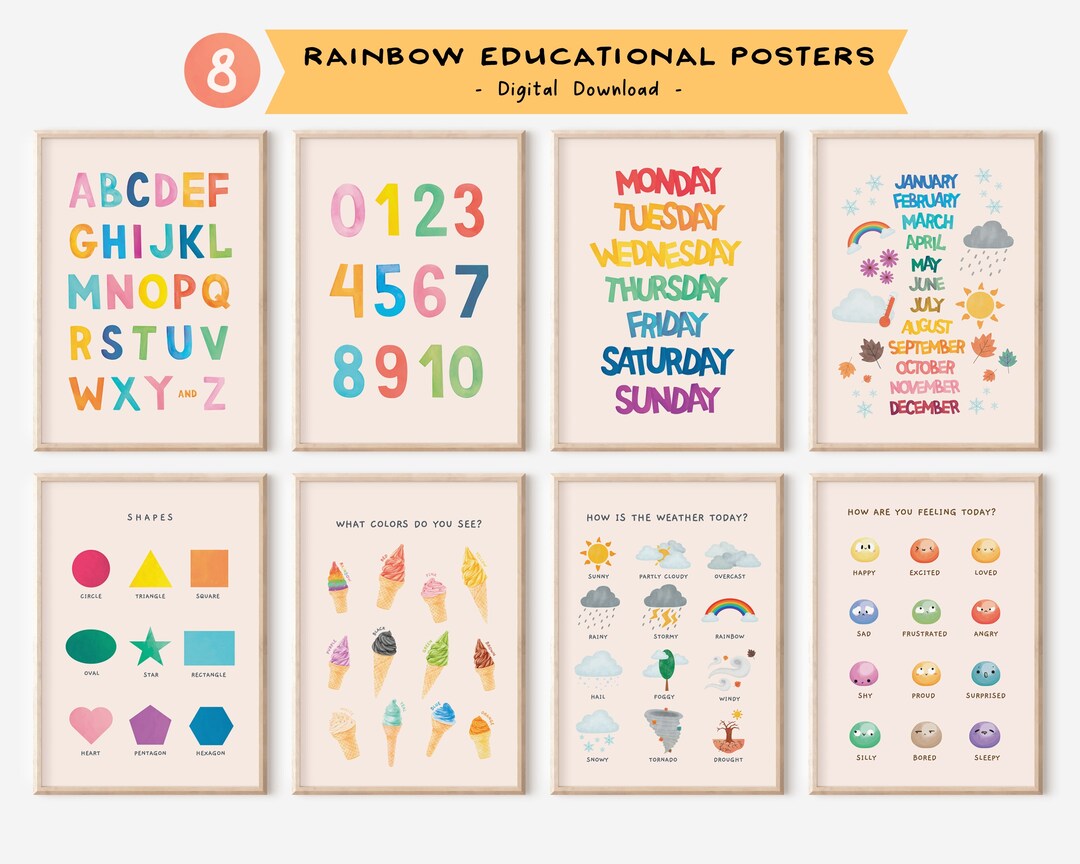 Set of 8 Rainbow Educational Posters Printable Montessori Toddler Room ...