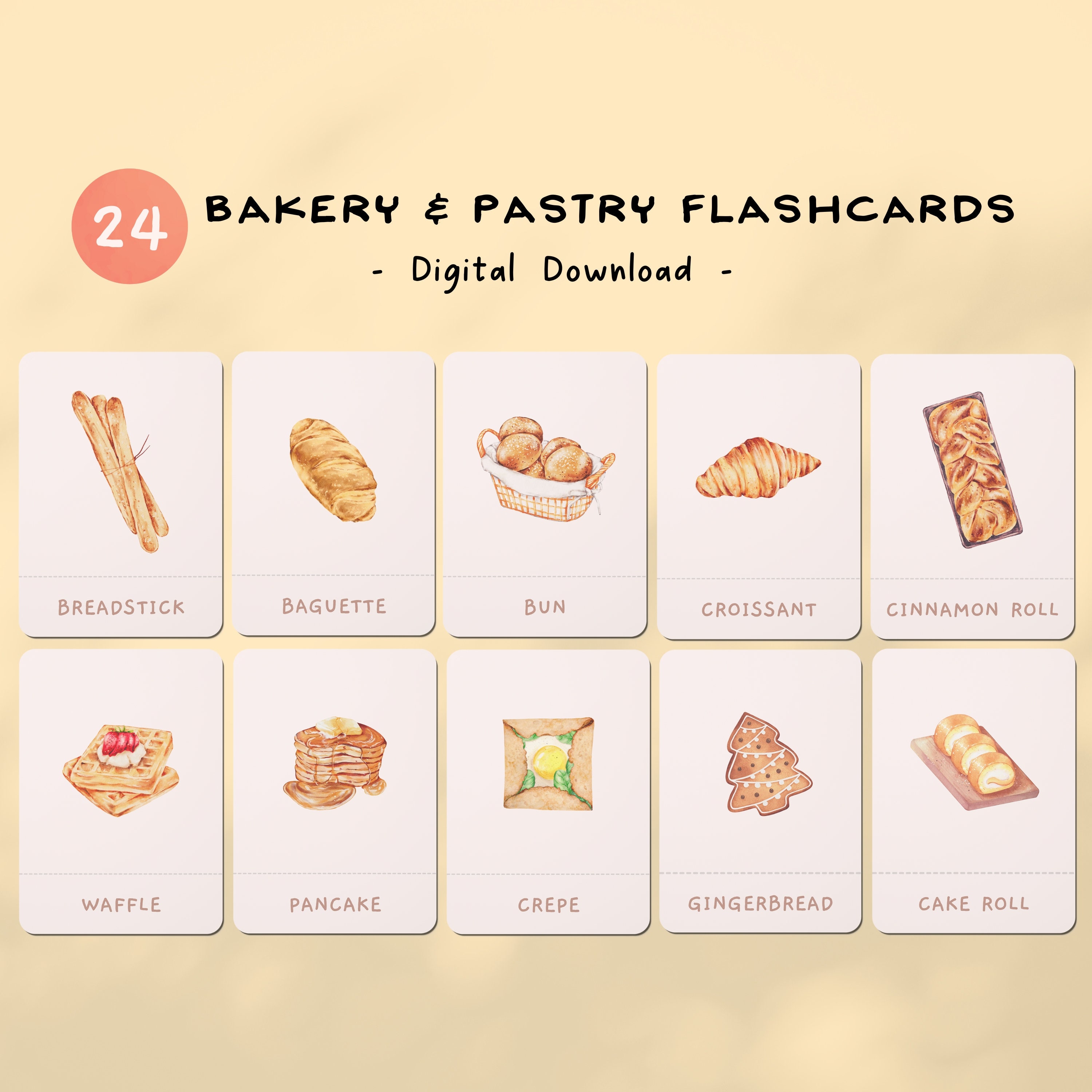 24 Breads Bakery Pastry Flashcards Watercolor Montessori Educational ...