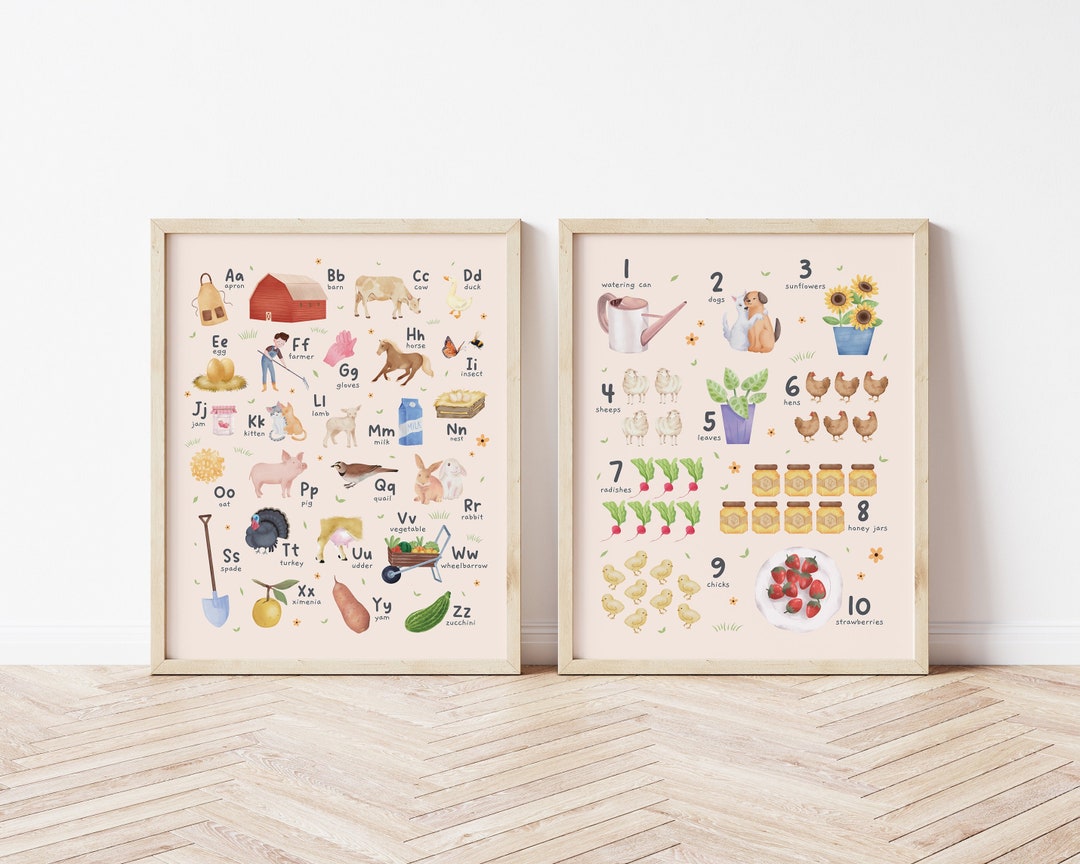Farm Alphabets Numbers Educational Posters | Set of 2 Illustrative ABC ...