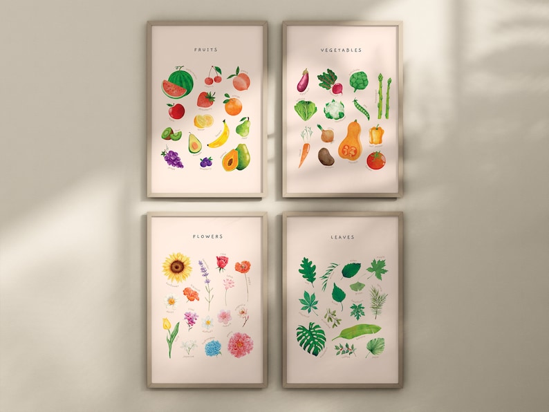 Set of 8 Nature Themed Posters Fruits Veggies Flowers Leaves - Etsy