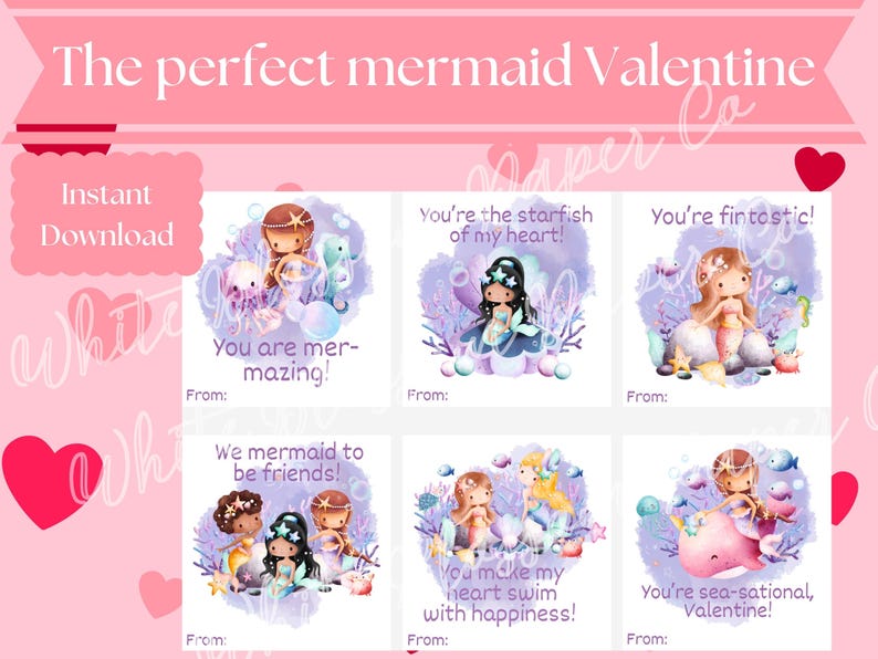 Printable Mermaid Valentine's Day Cards, Classroom Valentine's Day ...