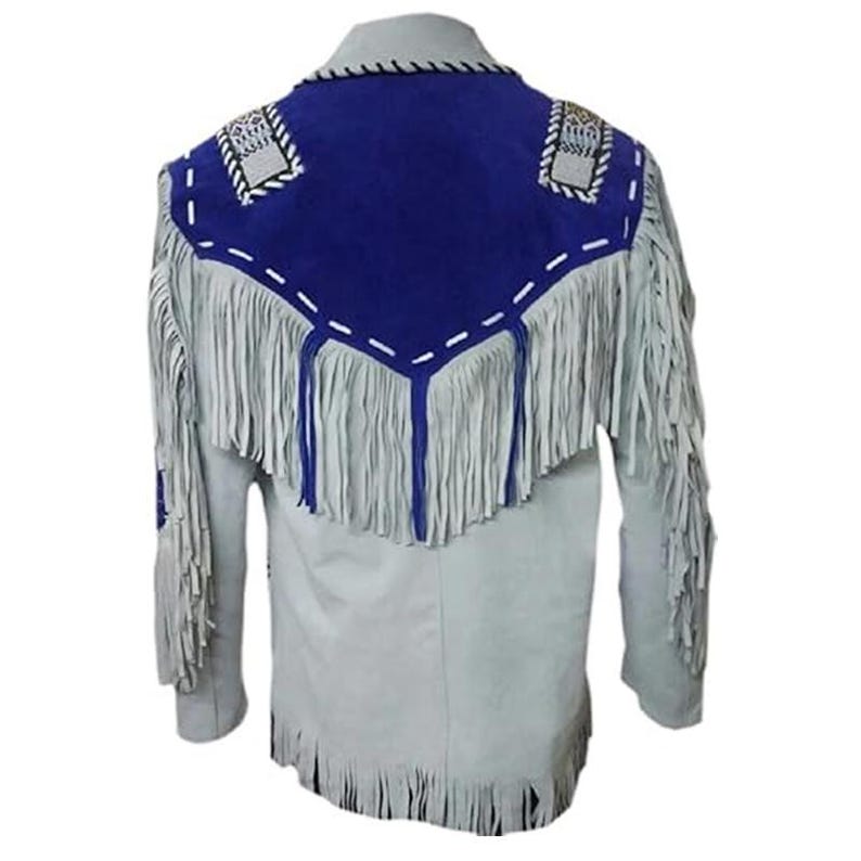 Men Native American Blue Jacket | Cowboy Leather Fringe Jacket ...