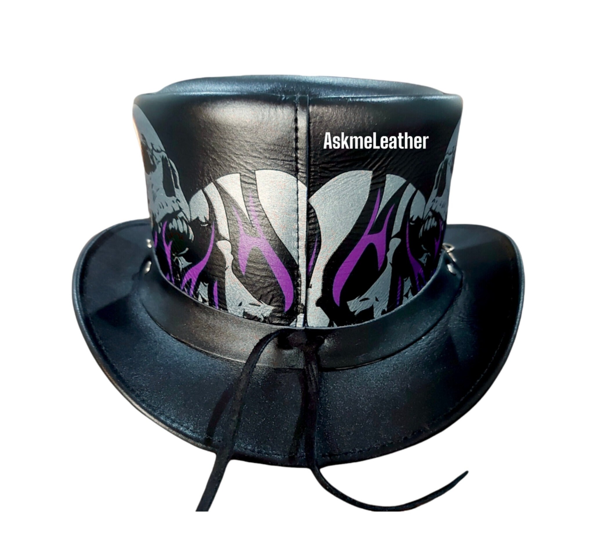 Leather Top Hat Skull Fire Printed Style With Skulls Chain Leather Band ...