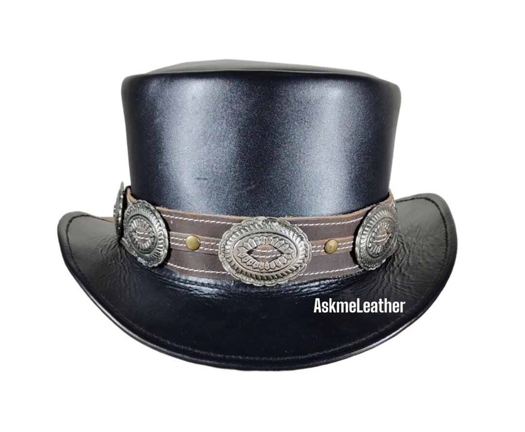 Leather Top Hat Conchos Band Style - Rocker Style Black Top Hat ...