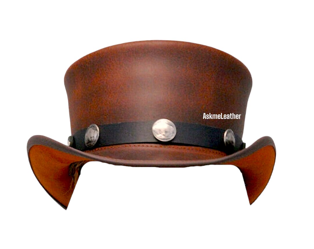 Leather Top Hat Bull Button Band Style Steampunk Top Hat Brown Top Hat ...