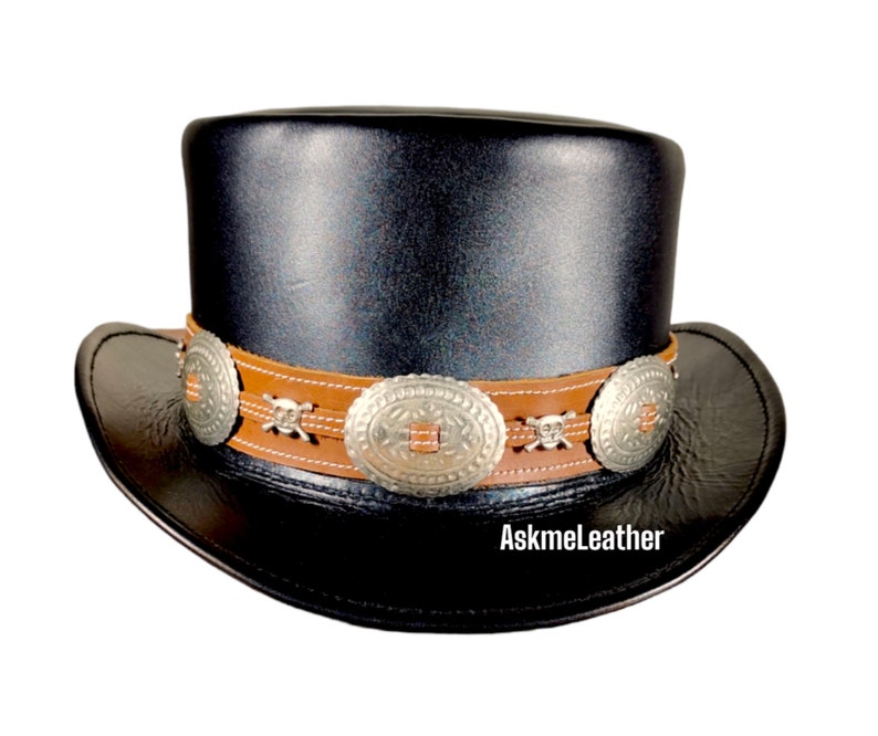 Leather Top Hat Conchos Band Style - Rocker Style Black Top Hat ...
