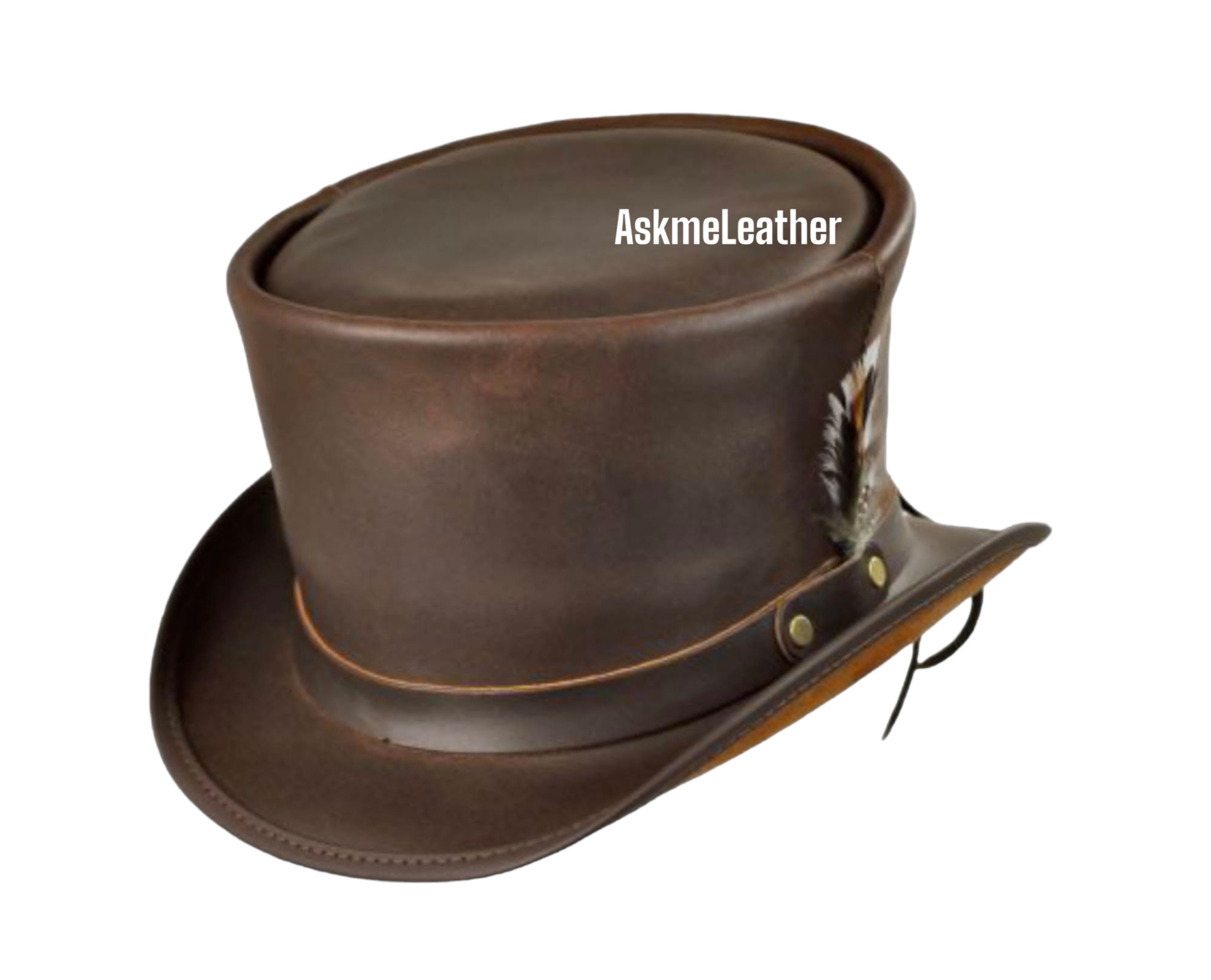 Leather Top Hat Feather Band Style Brown Top Hat Handmade With 100% ...