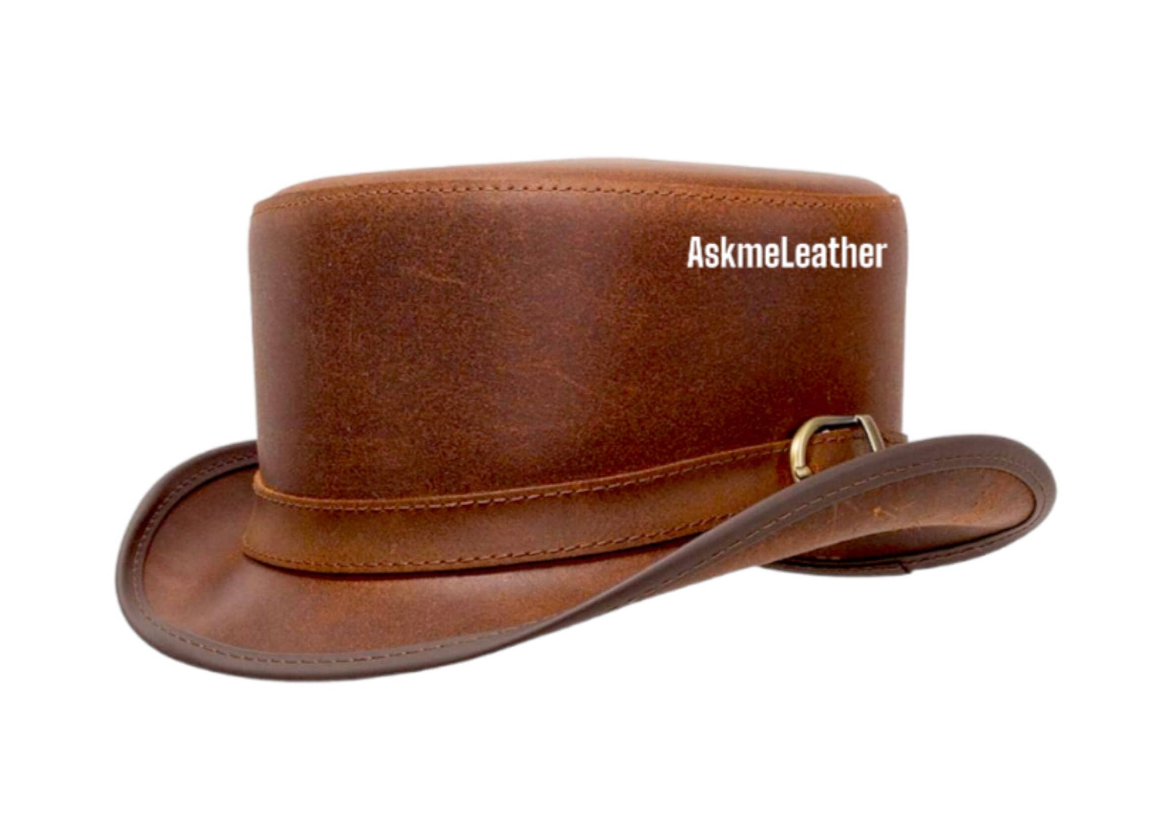 Brown Leather Top Hat: Buckle Band, Handmade Cowhide - Etsy