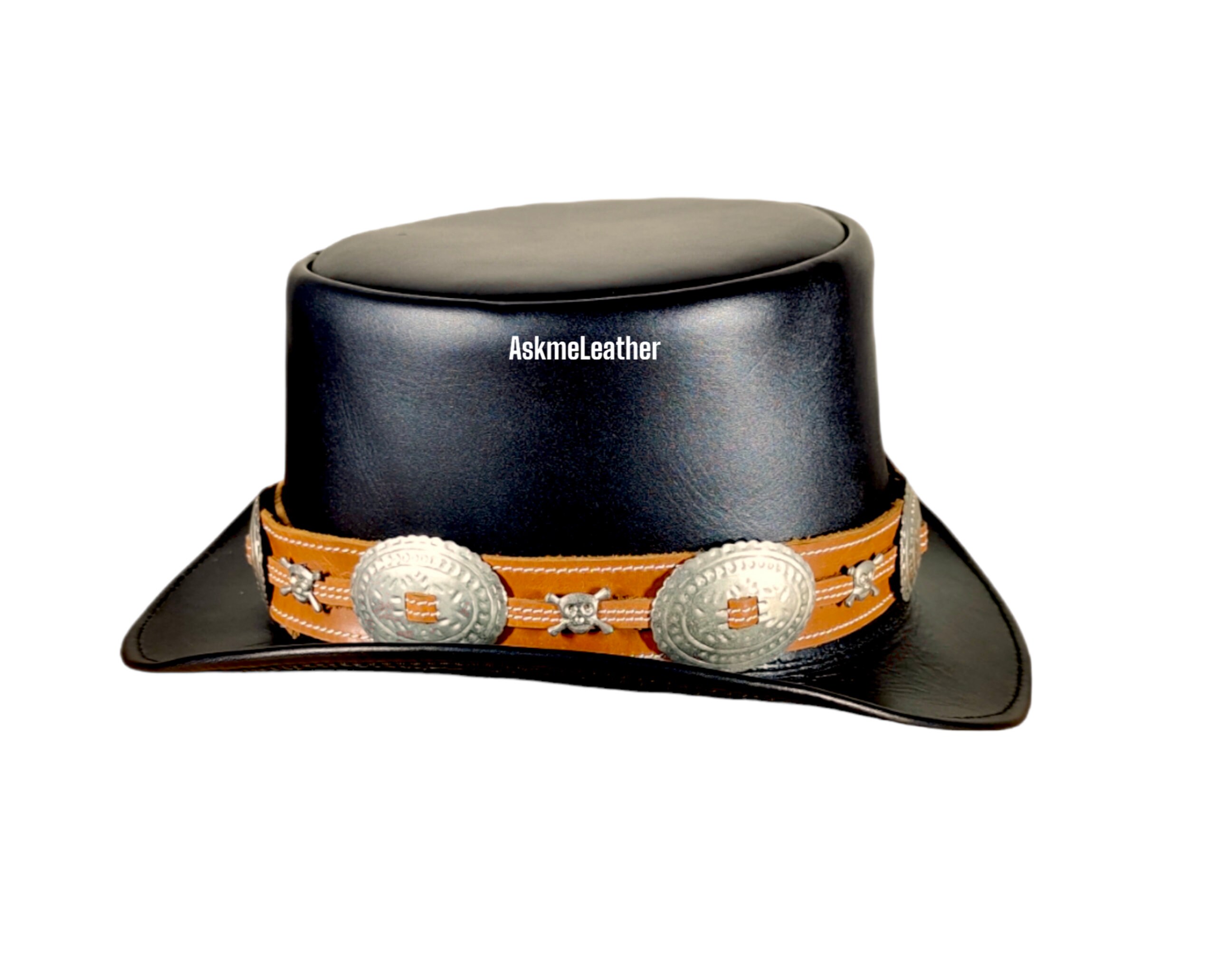 Leather Top Hat Conchos Band Style Rocker Style Black Top Hat Handmade ...