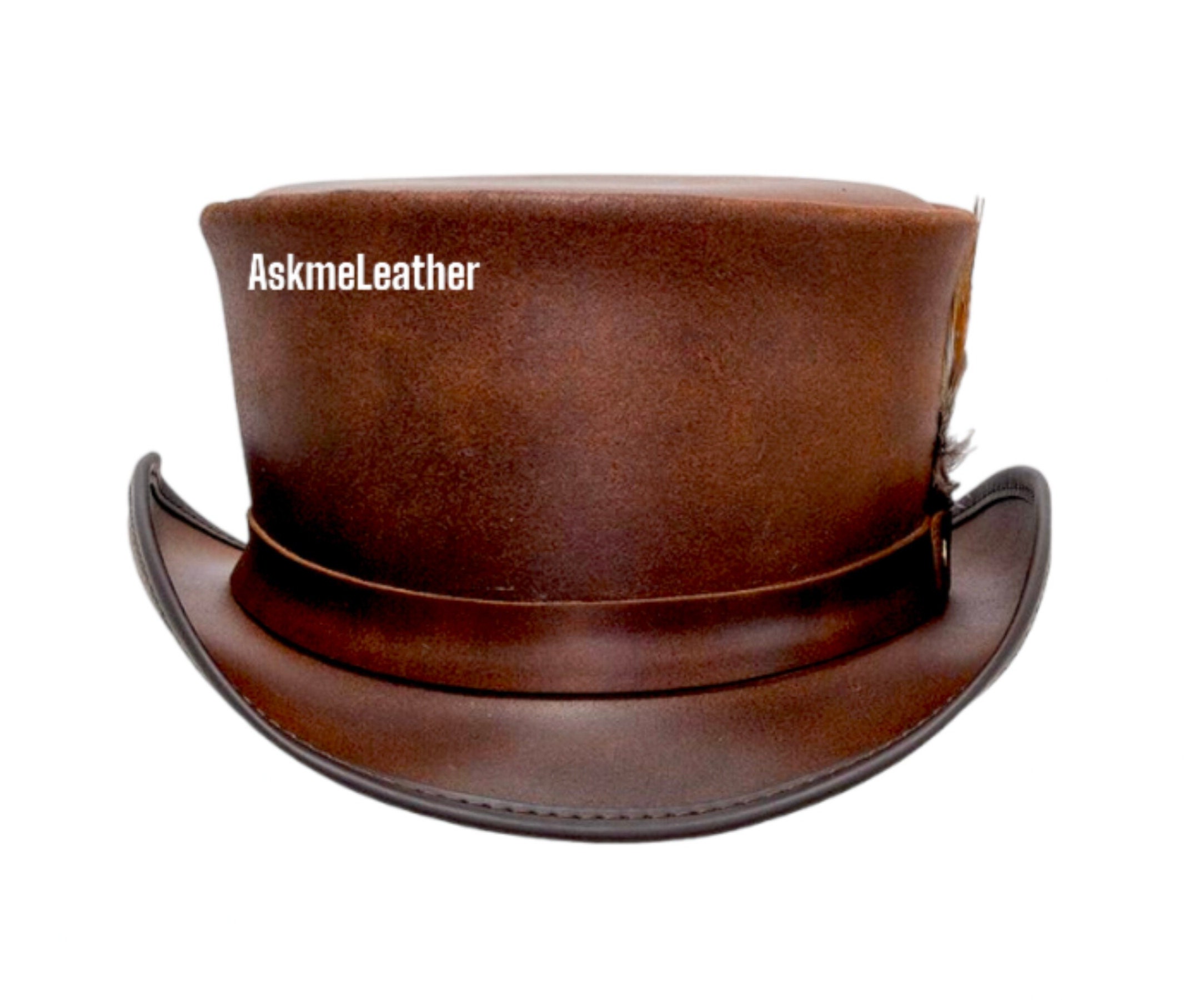 Leather Top Hat Skull Feather Band Style - Brown Top Hat Handmade With ...