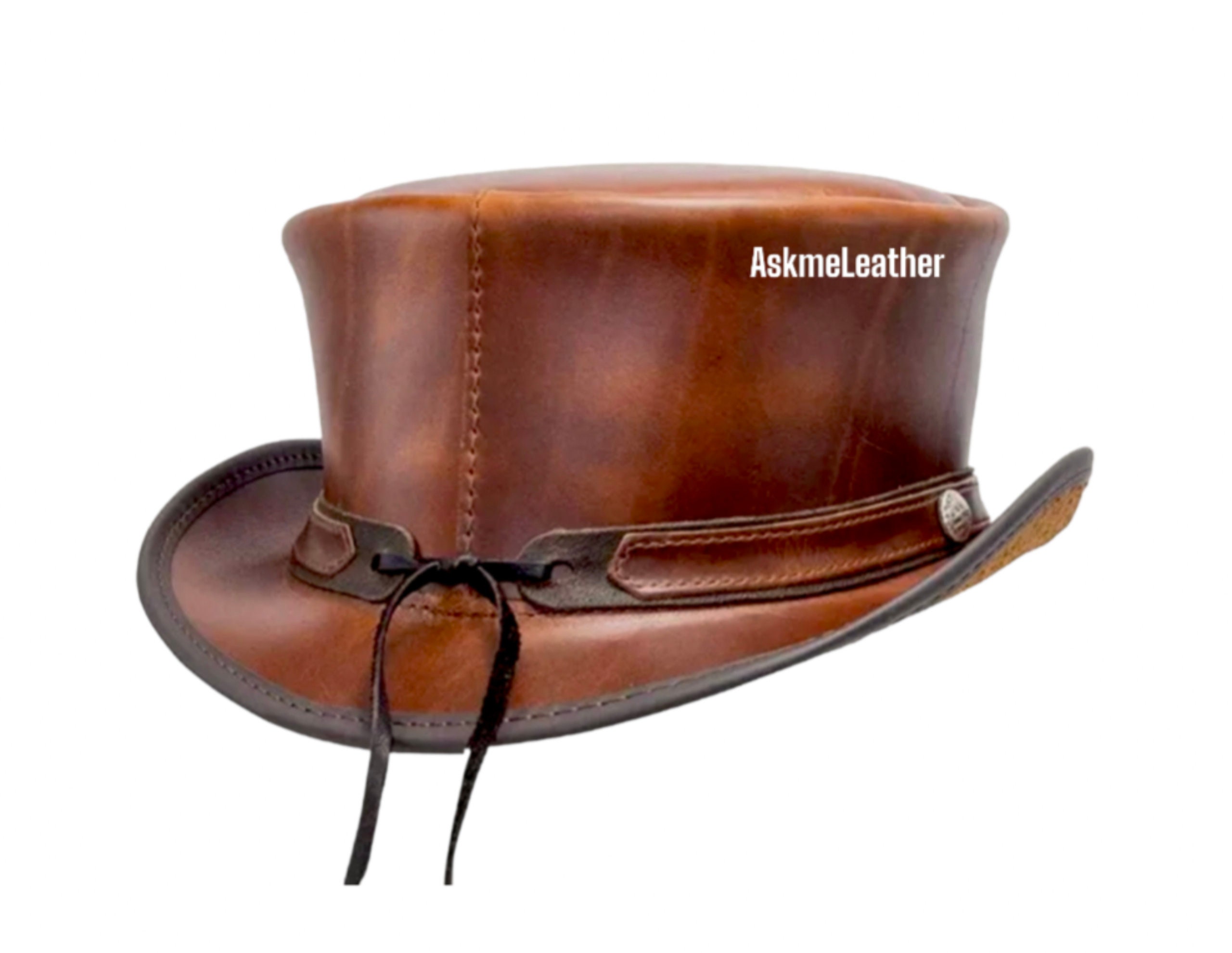 Leather Top Hat Distressed Leather Band Style Brown Top Hat Handmade ...