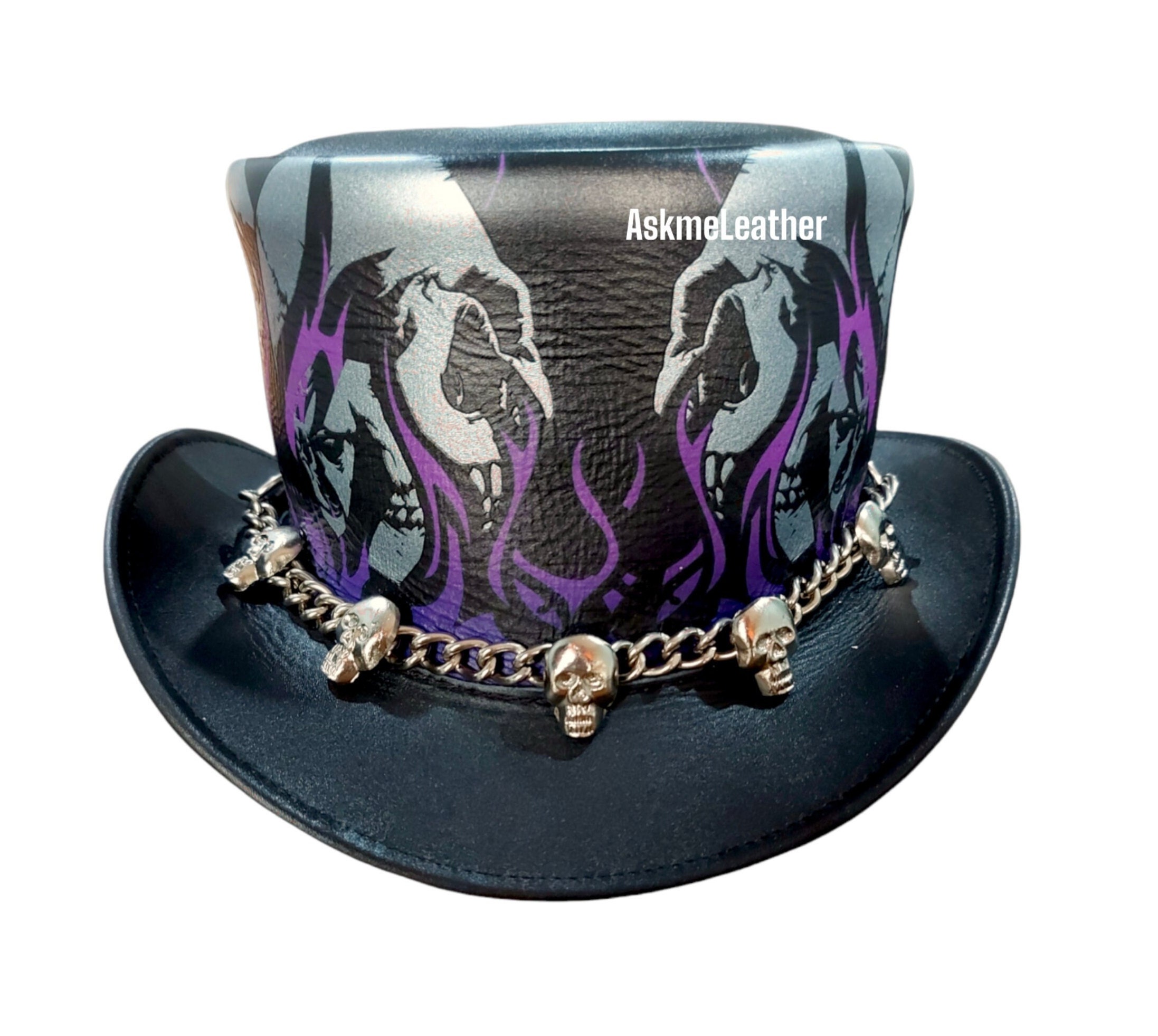 Leather Top Hat Skull Fire Printed Style With Skulls Chain Leather Band ...
