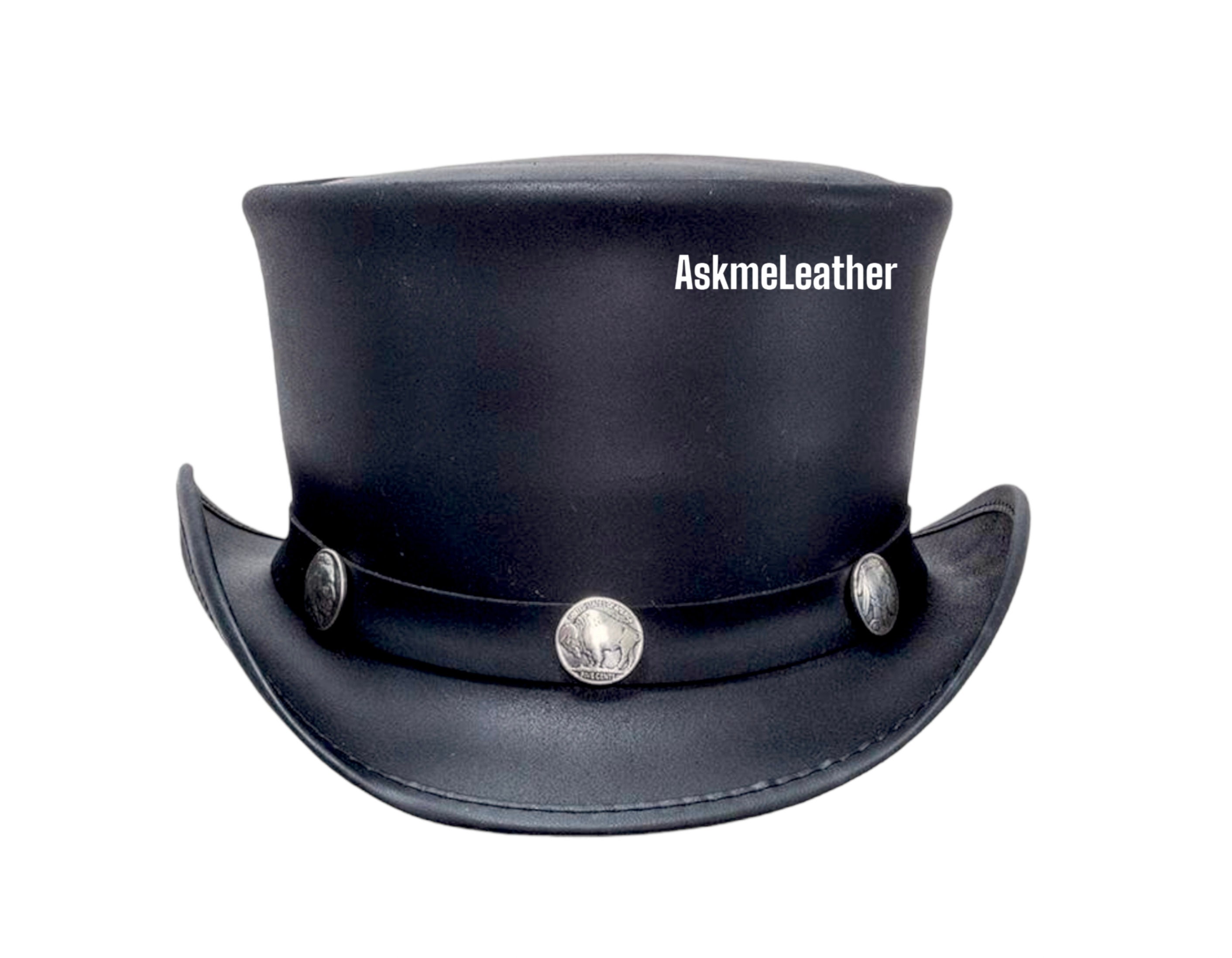Leather Top Hat Bull Button Band Style Black Top Hat Handmade With 100% ...