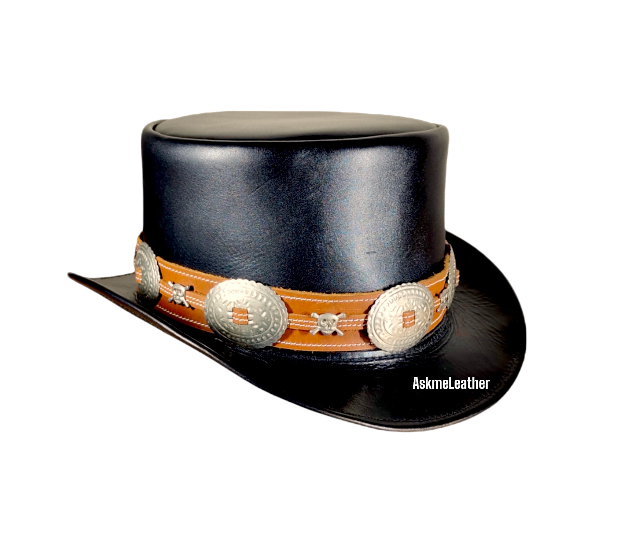 Leather Top Hat Conchos Band Style Rocker Style Black Top Hat Handmade ...