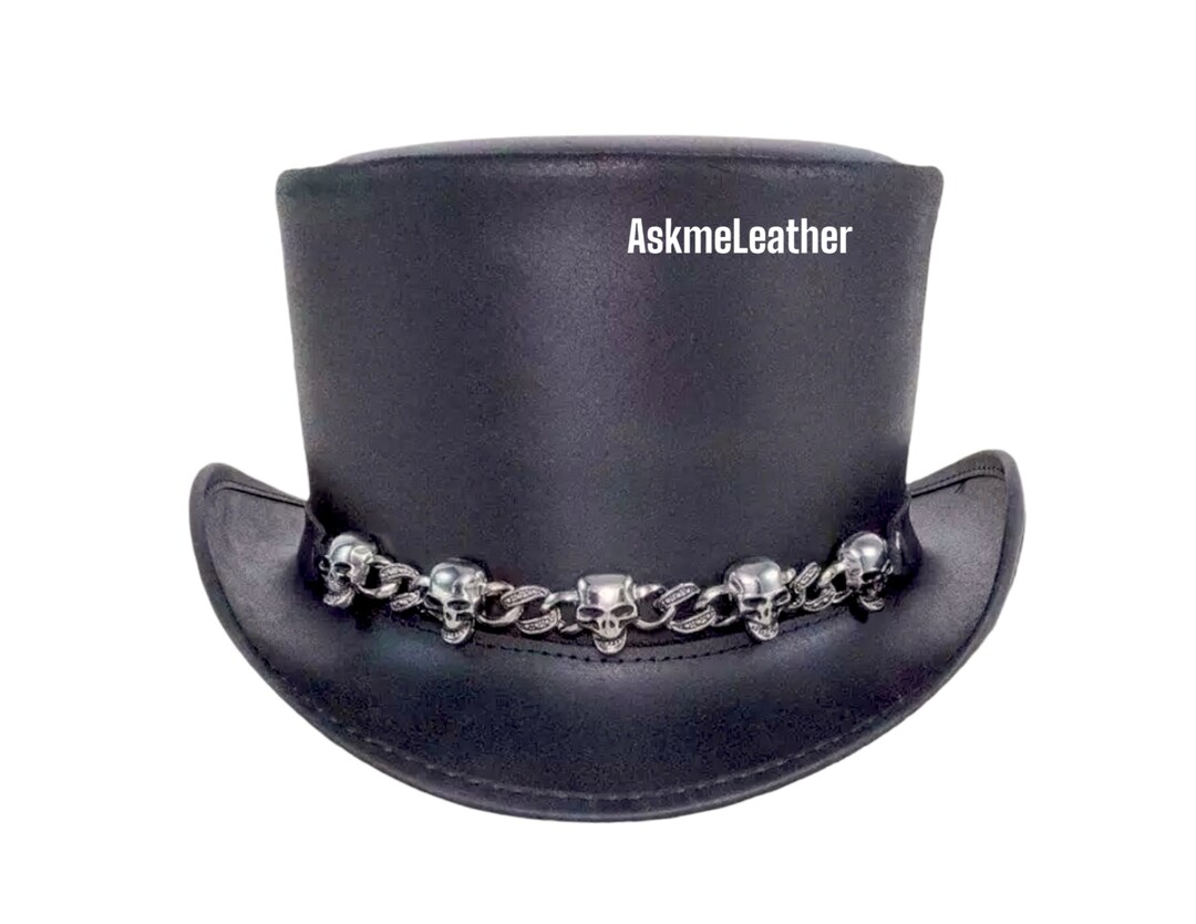 Handmade Leather Top Hat: Skull Chain Band, Cowhide Leather - Etsy