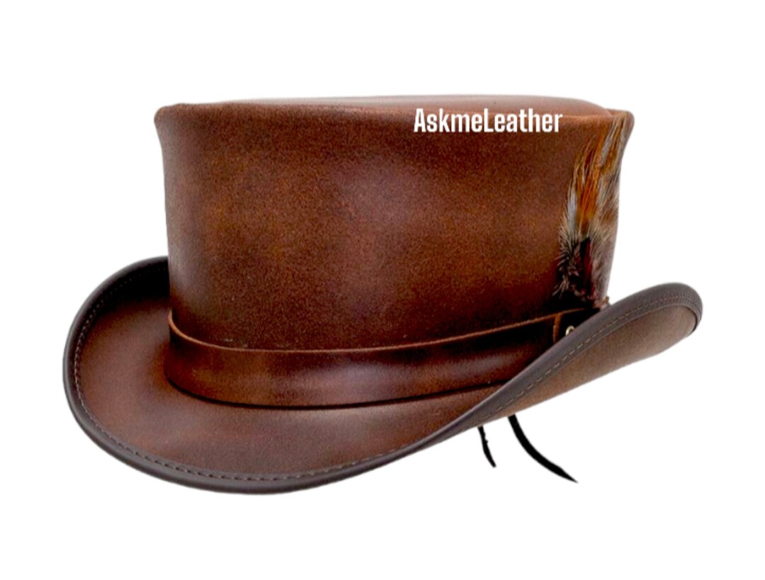 Leather Top Hat Skull Feather Band Style - Brown Top Hat Handmade With ...