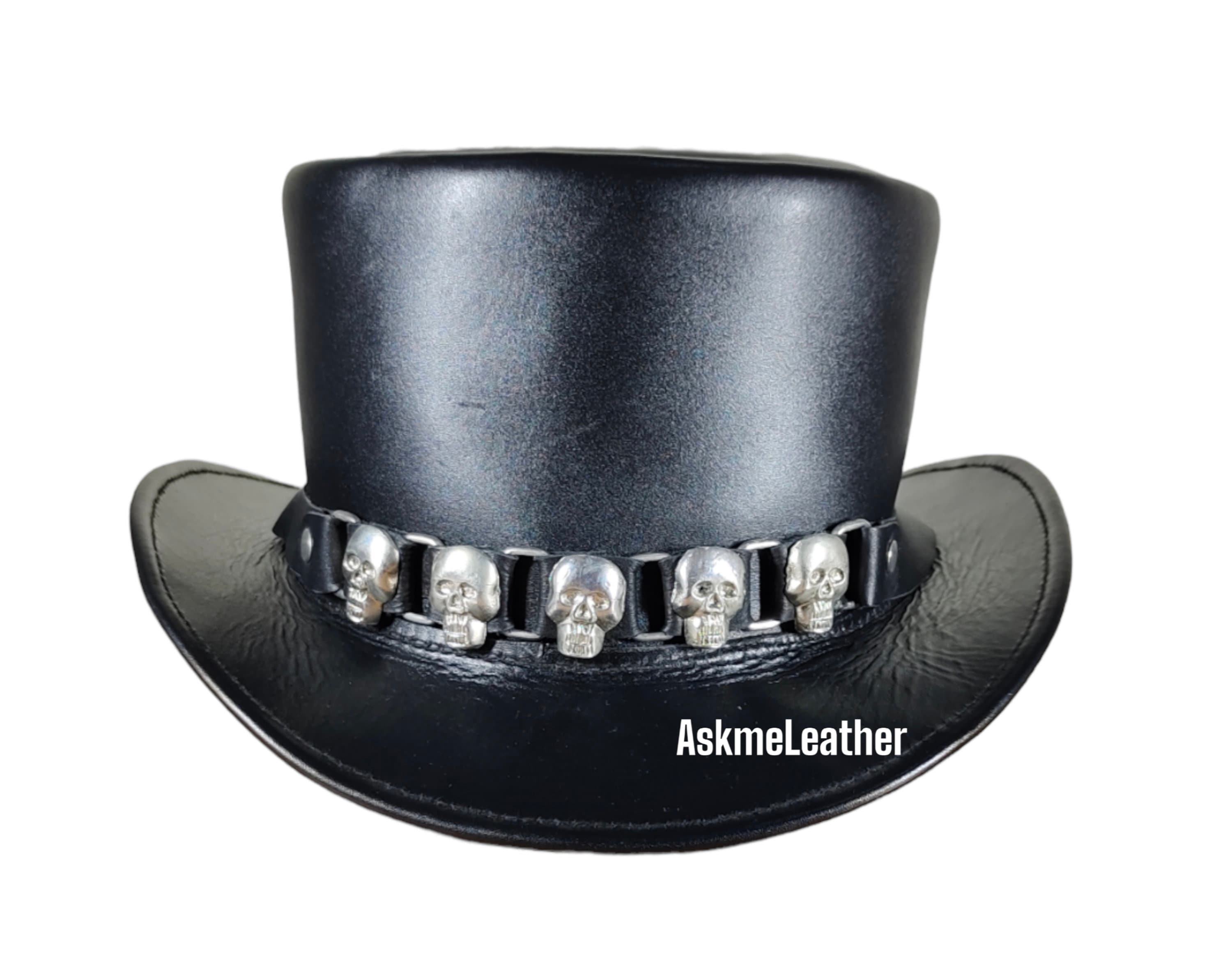 Leather Top Hat Skull Leather Band Style Black Top Hat Handmade With ...