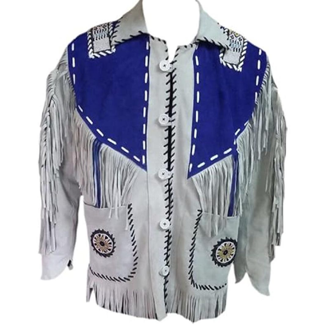 Men Native American Blue Jacket | Cowboy Leather Fringe Jacket ...