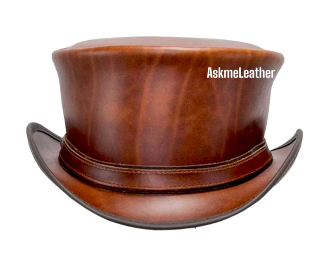 Leather Top Hat Distressed Leather Band Style Brown Top Hat Handmade ...