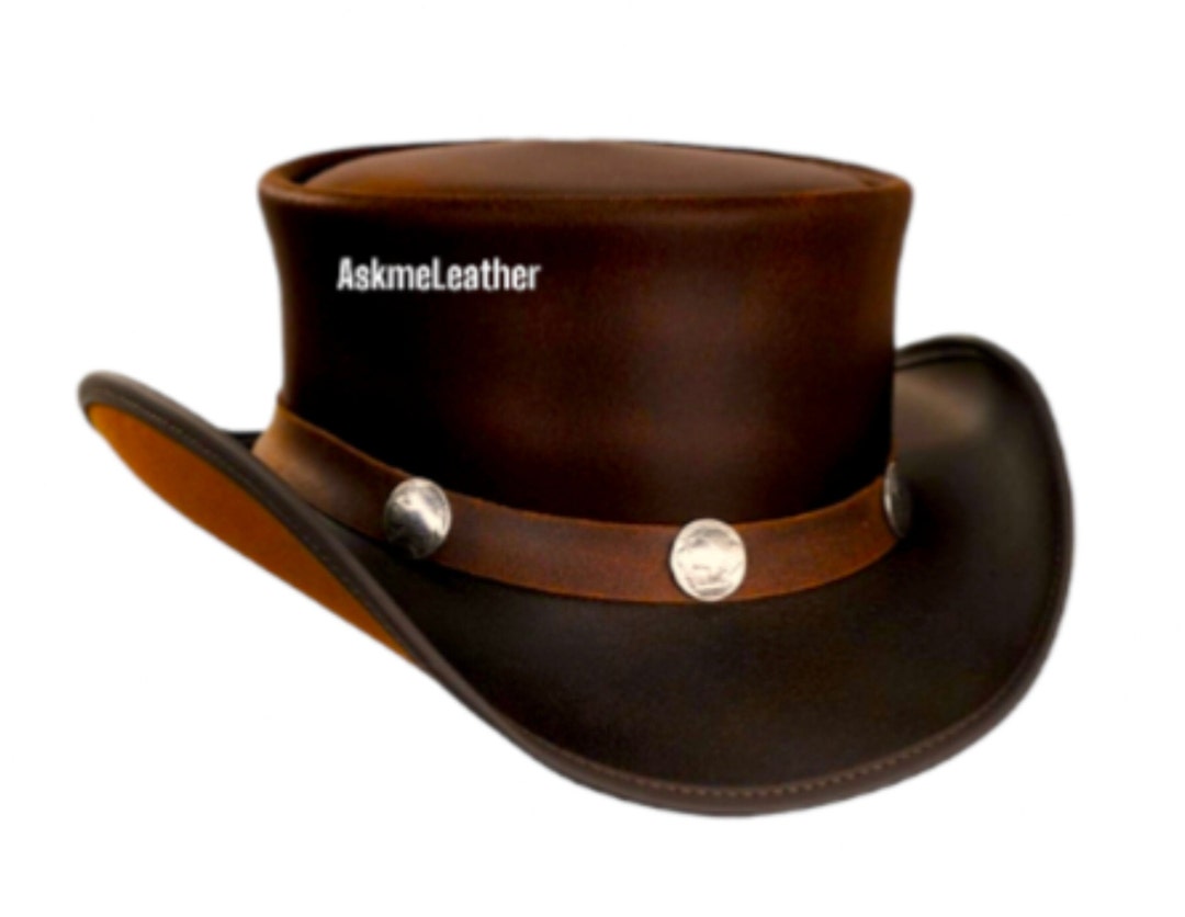 Leather Top Hat Bull Buttons Band Style Dark Brown Top Hat Handmade ...