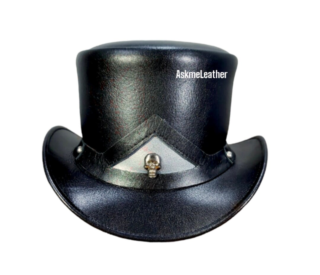 Leather Top Hat Skull on Crown Leather Band Black Top Hat Handmade With ...