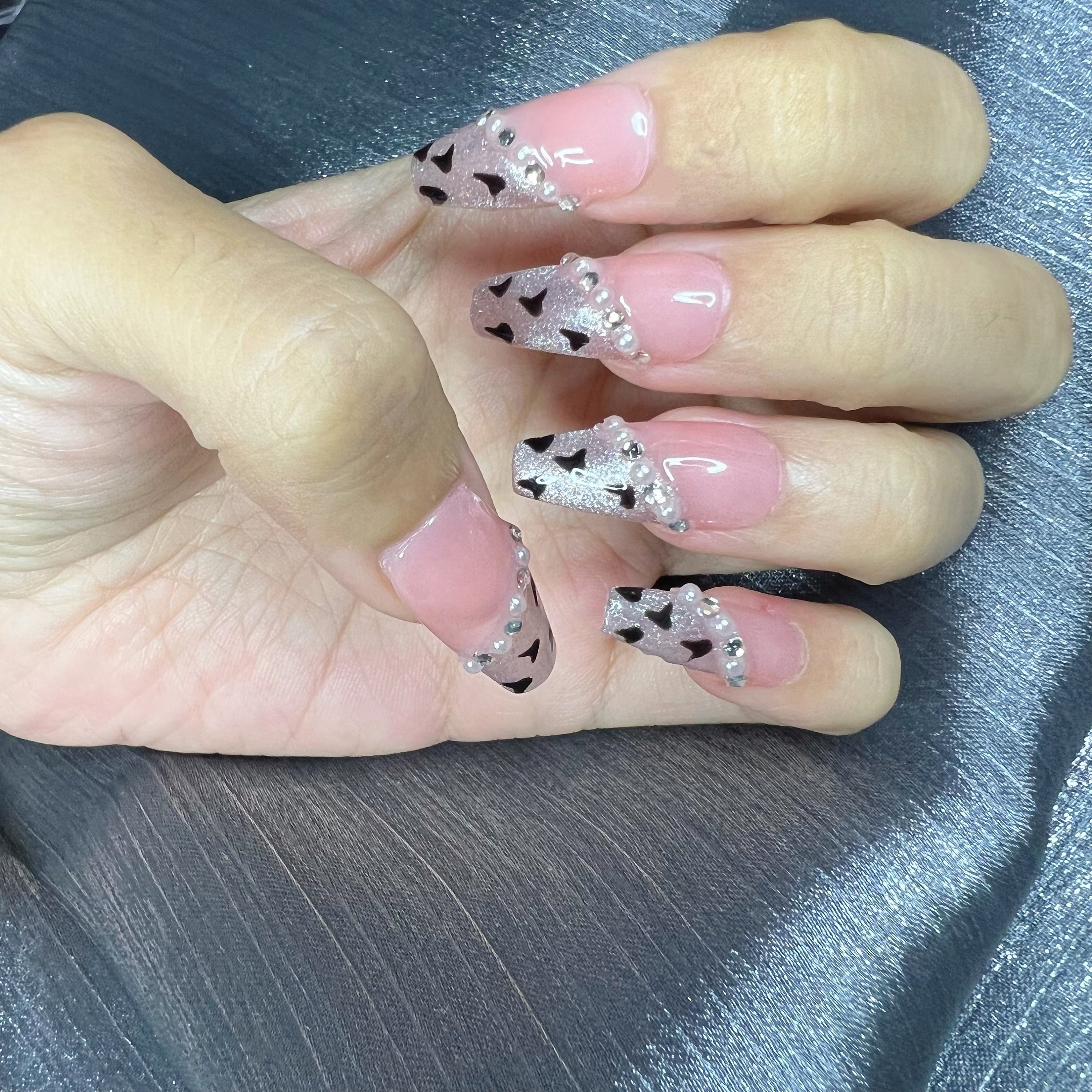 Leopard Print French Tip Nails | Rhinestone Nails | Translucent Nails ...