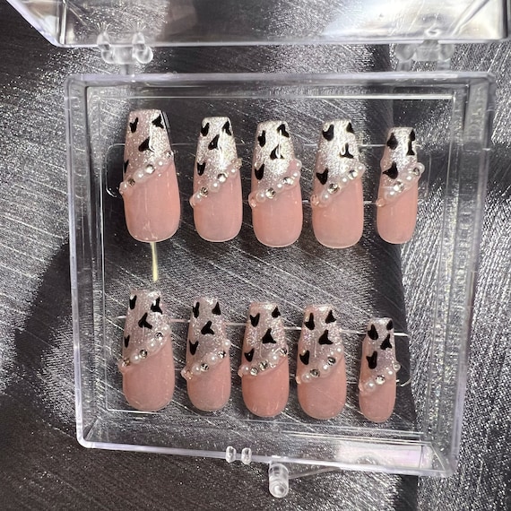 Leopard Print French Tip Nails Rhinestone Nails - Etsy