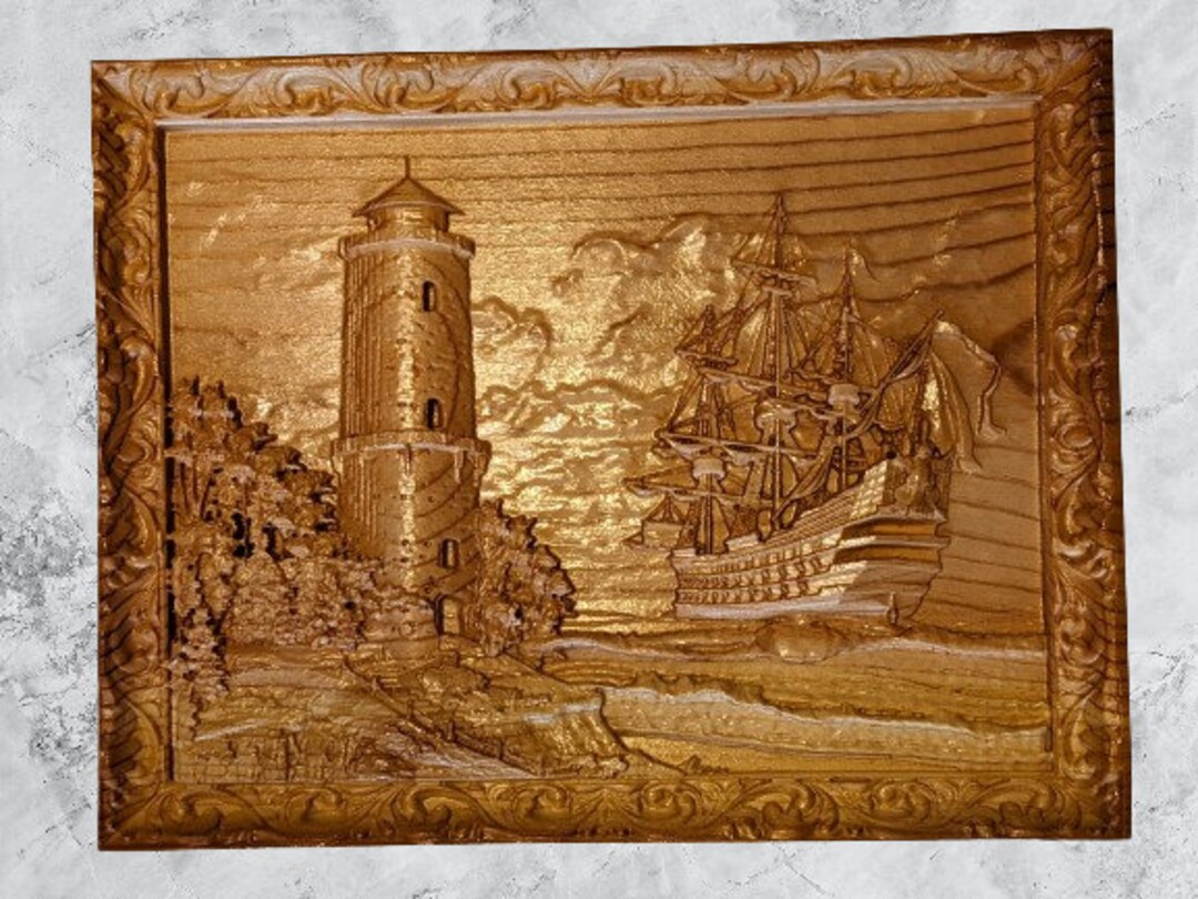 Wood Carved Ship and Lighthouse. Beautiful Wood Carving, Gifts for Him ...