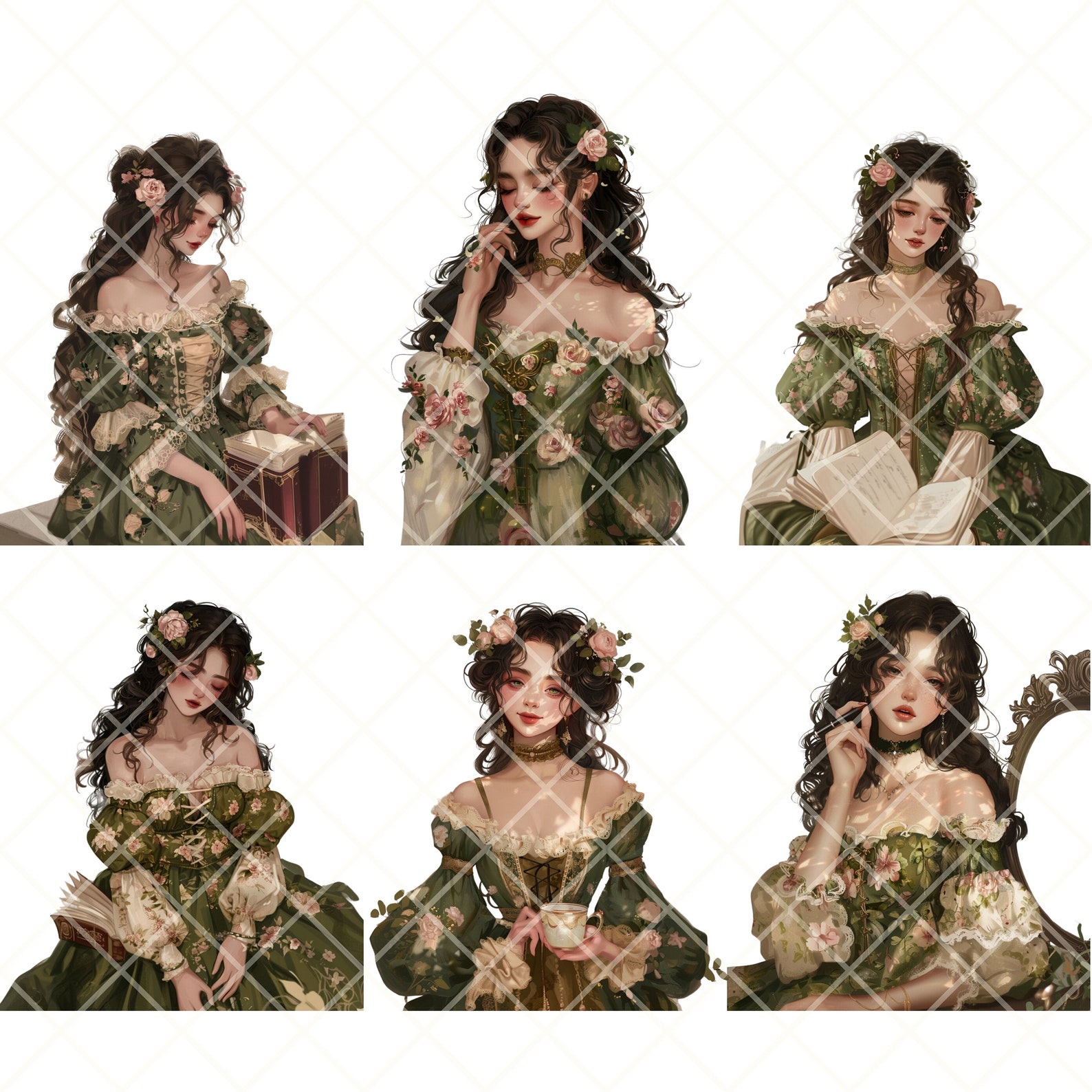 Ethereal Victorian Lady Green Printable Sticker Digital Clipart ...