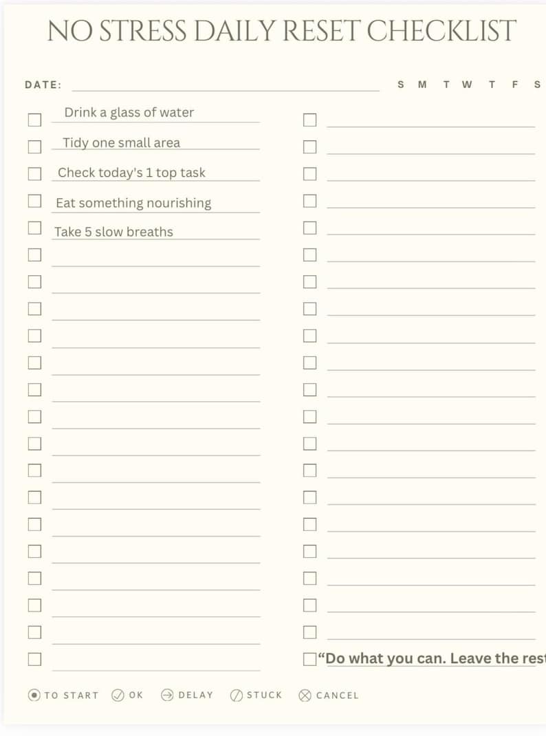 Daily Reset Checklist Printable: No Stress To-do List (PDF) - Etsy